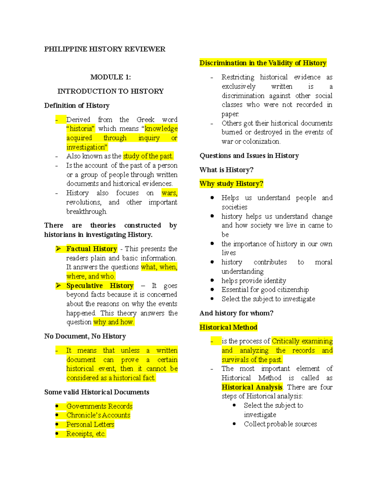Readings In Philippine History Reviewer For Midterm FEU Studocu