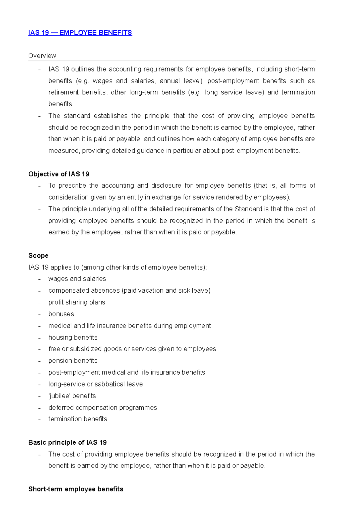 PAS 19- Employee Benefits - IAS 19 — EMPLOYEE BENEFITS Overview - IAS ...