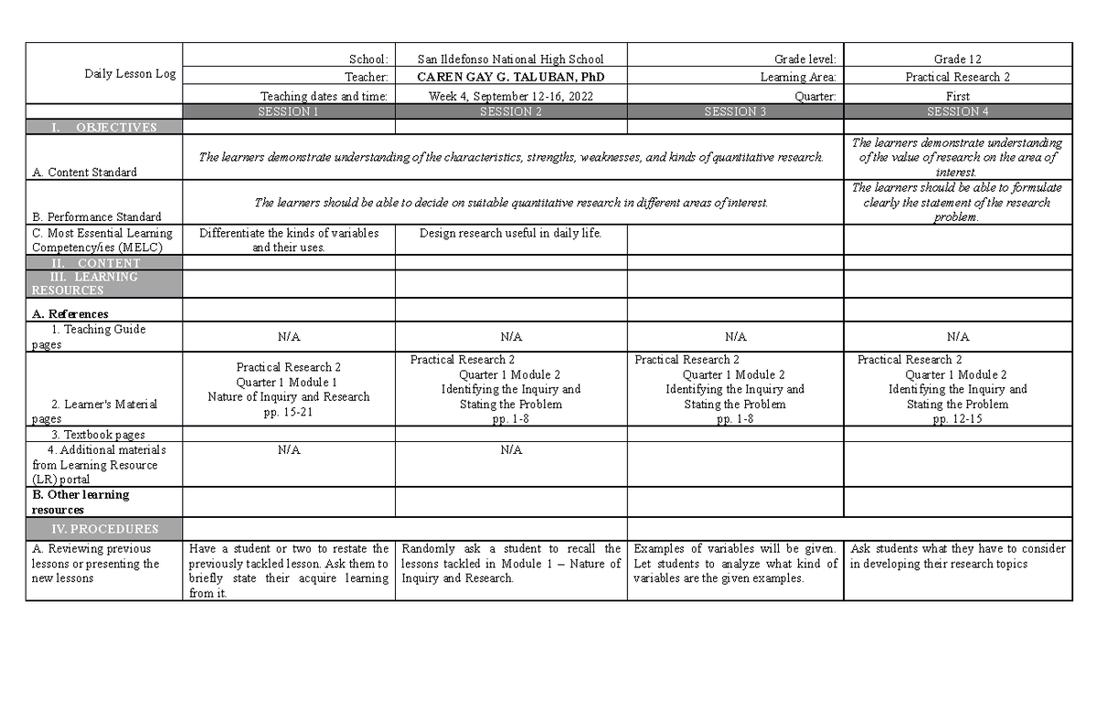 PR2 Quarter 1 WEEK 4 DLL - dll - Daily Lesson Log School: San Ildefonso ...