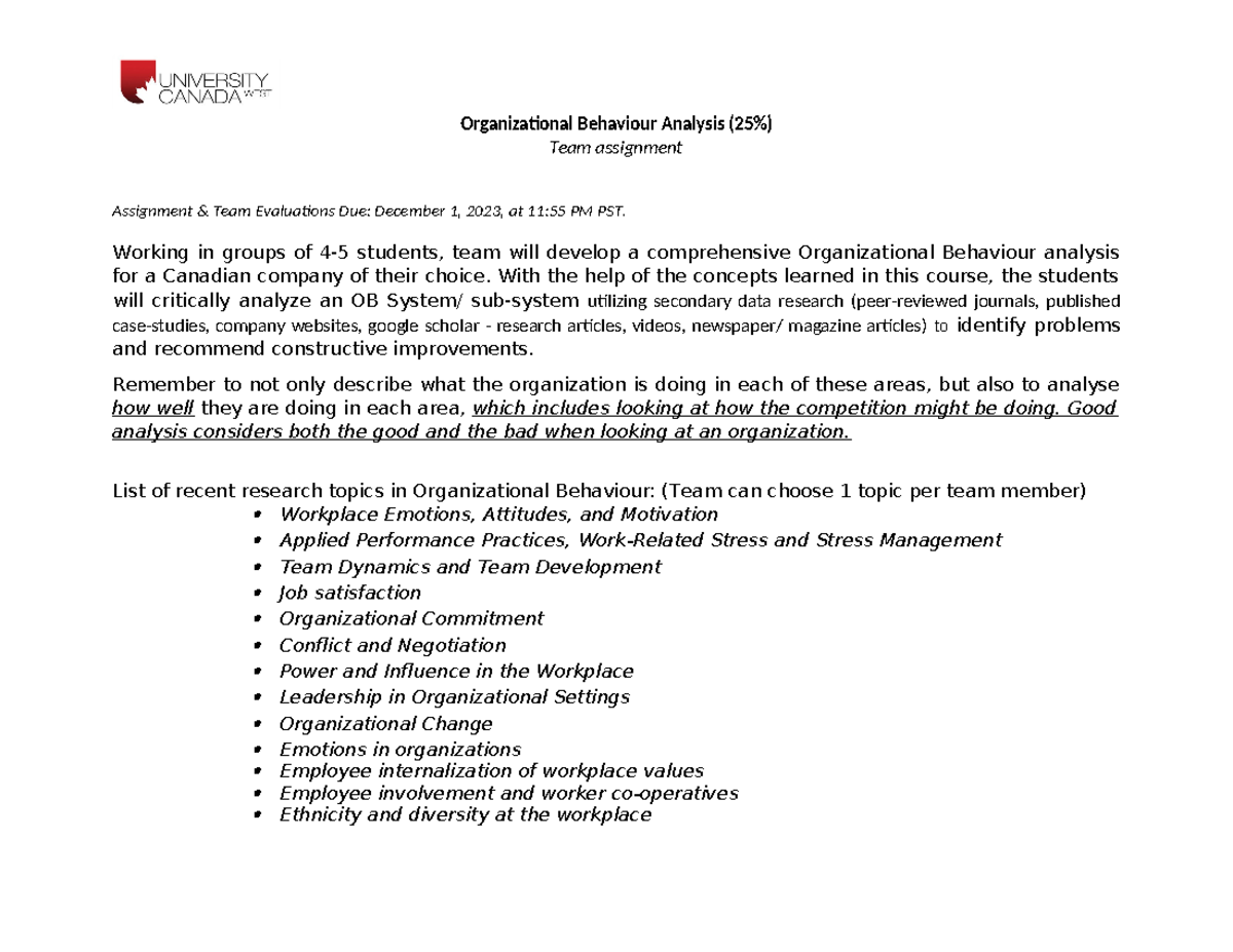 Organizational Behaviour Analysis Working In Groups Of 4 5 Students