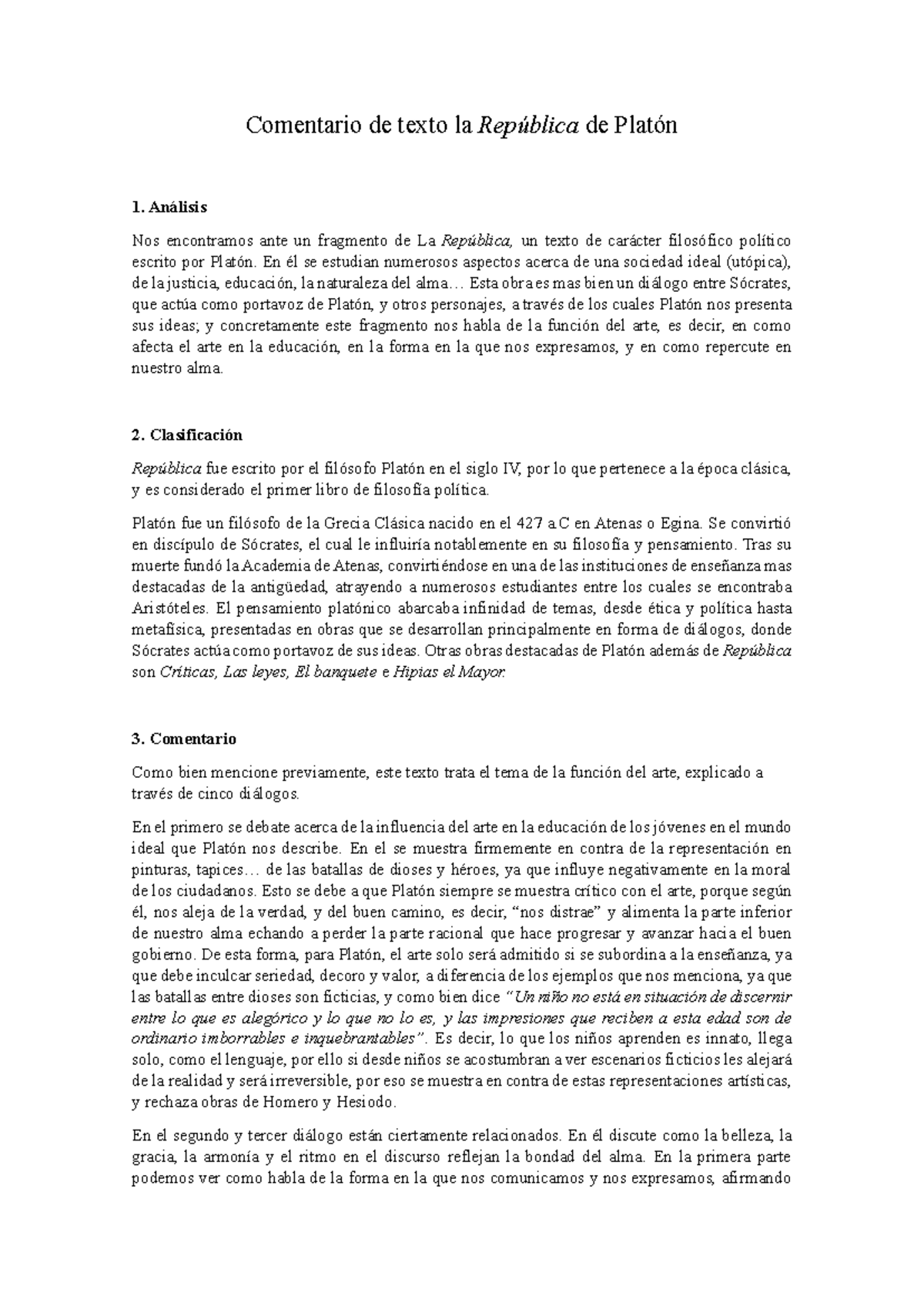 Comentario de texto la República de Platón - Comentario de texto la ...