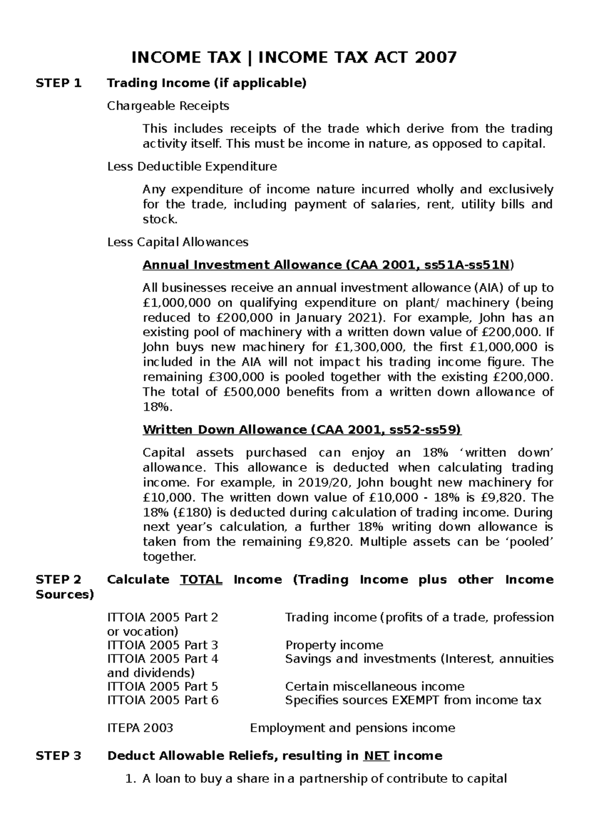 Income Tax - INCOME TAX | INCOME TAX ACT 2007 STEP 1 Trading Income (if ...