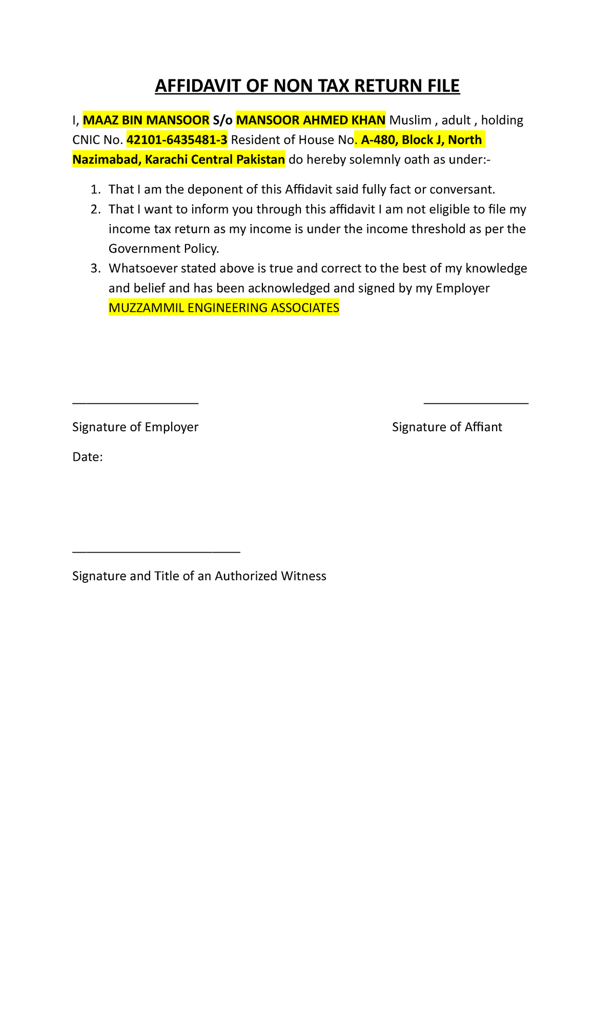 Affidavit OF NON TAX Return FILE - AFFIDAVIT OF NON TAX RETURN FILE I ...