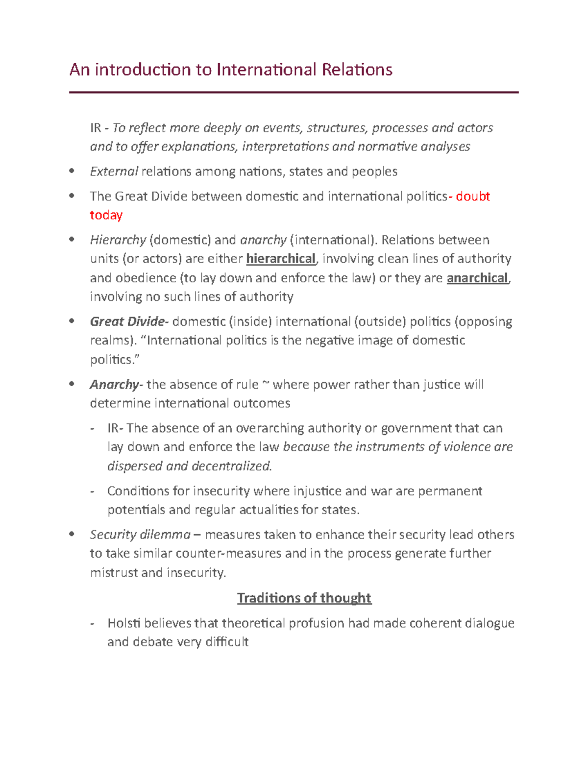 Intro Note taking from textbook- An introduction to International ...