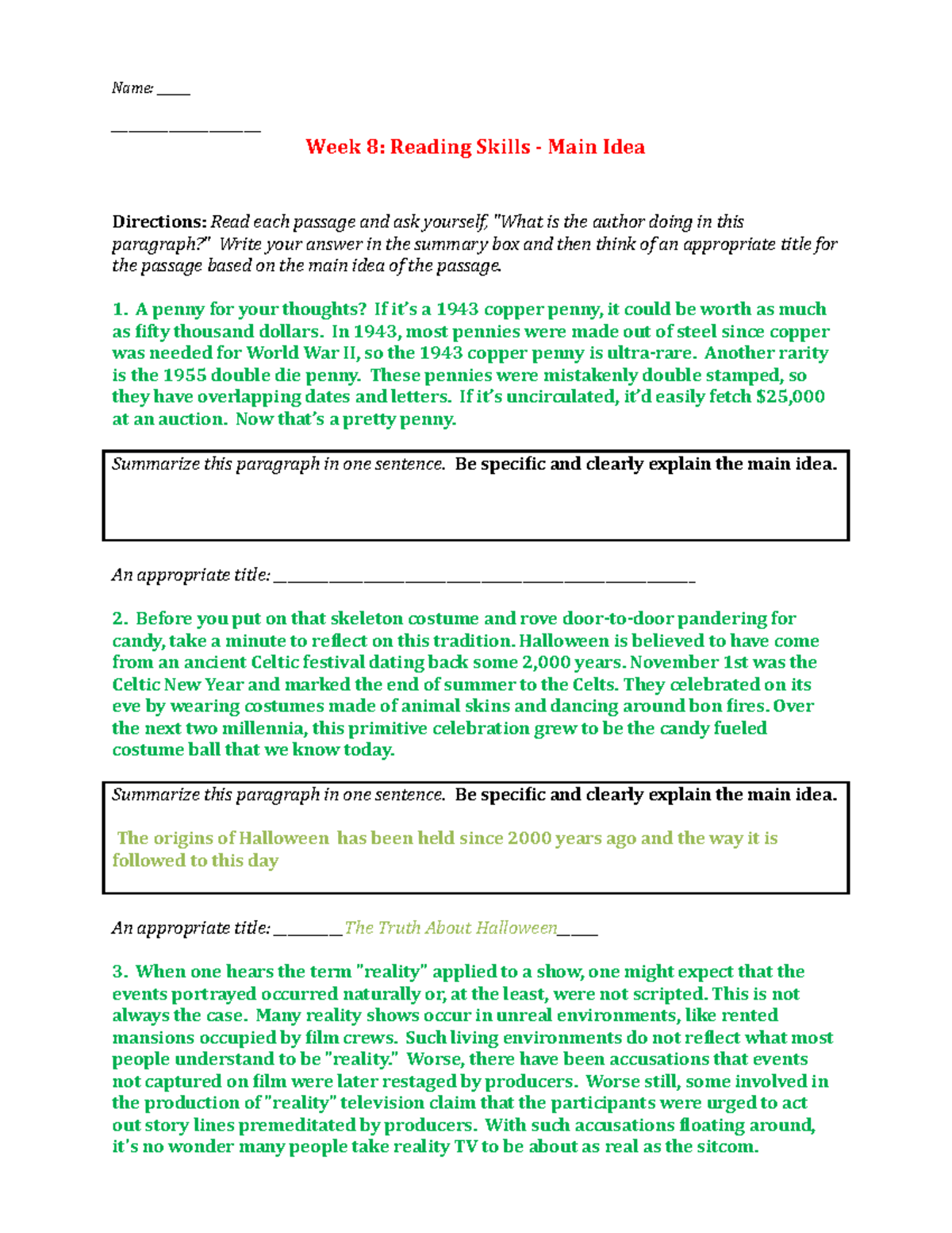 Wk.8.4 - Main Idea - Exercise - _Name: _______ Week 8: Reading Skills ...