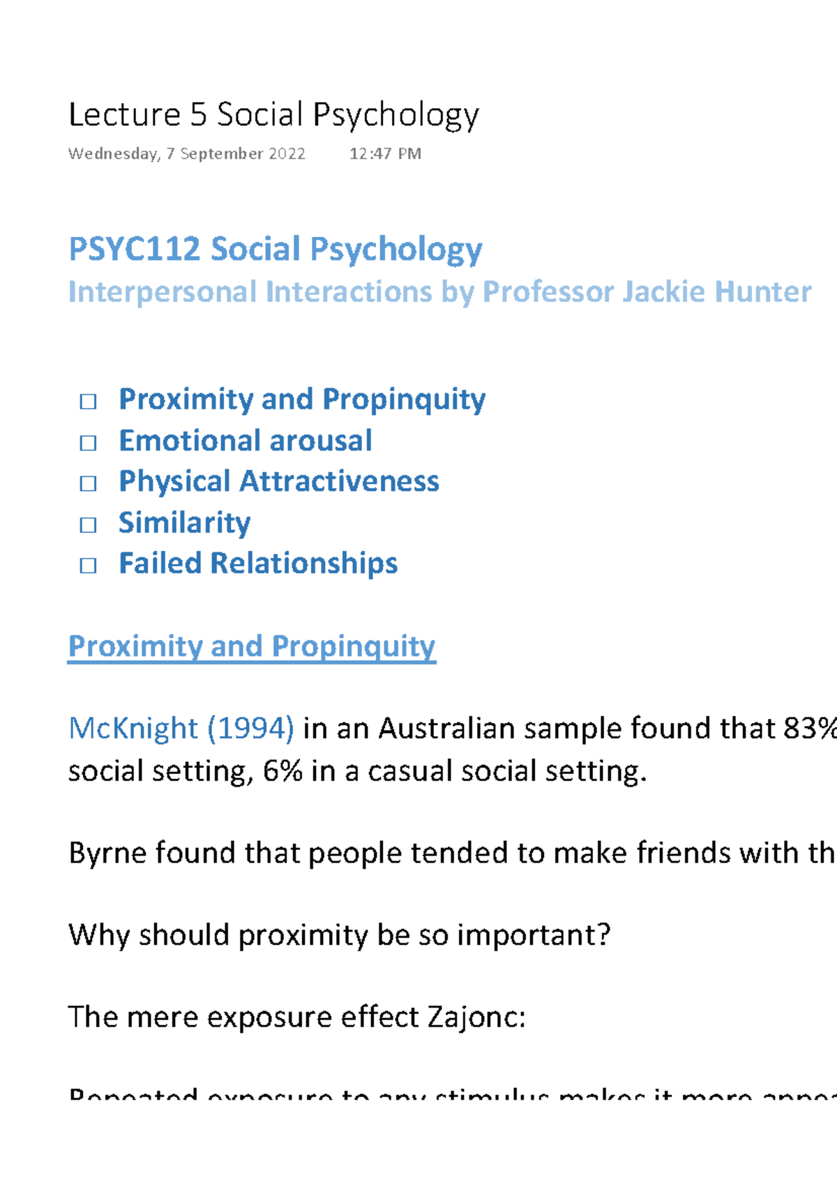 Lecture 5 Social Psychology - PSYC112 Social Psychology Interpersonal ...