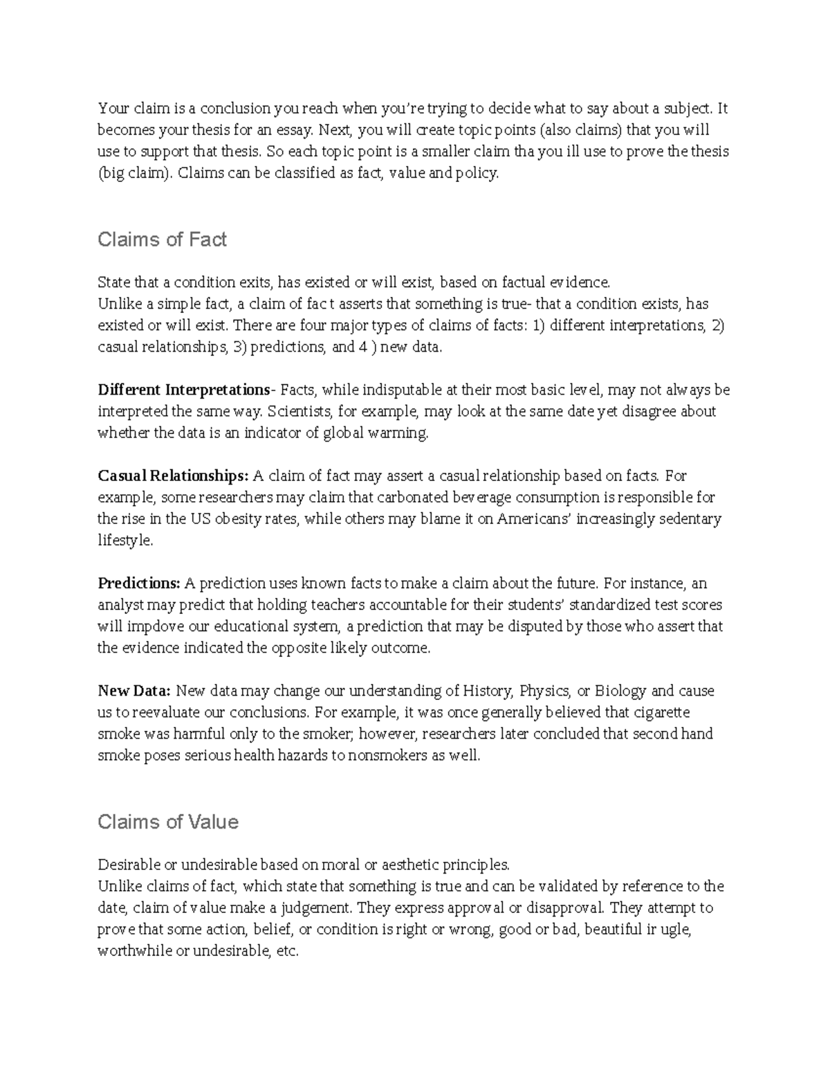 English 104 Lecture notes Claims - Your claim is a conclusion you reach ...