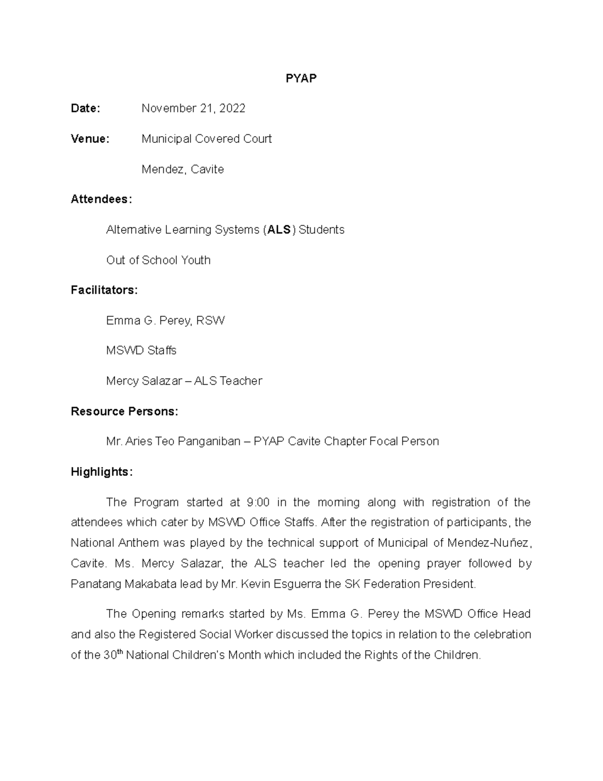 Narrative report for PYAP - PYAP Date: November 21, 2022 Venue ...