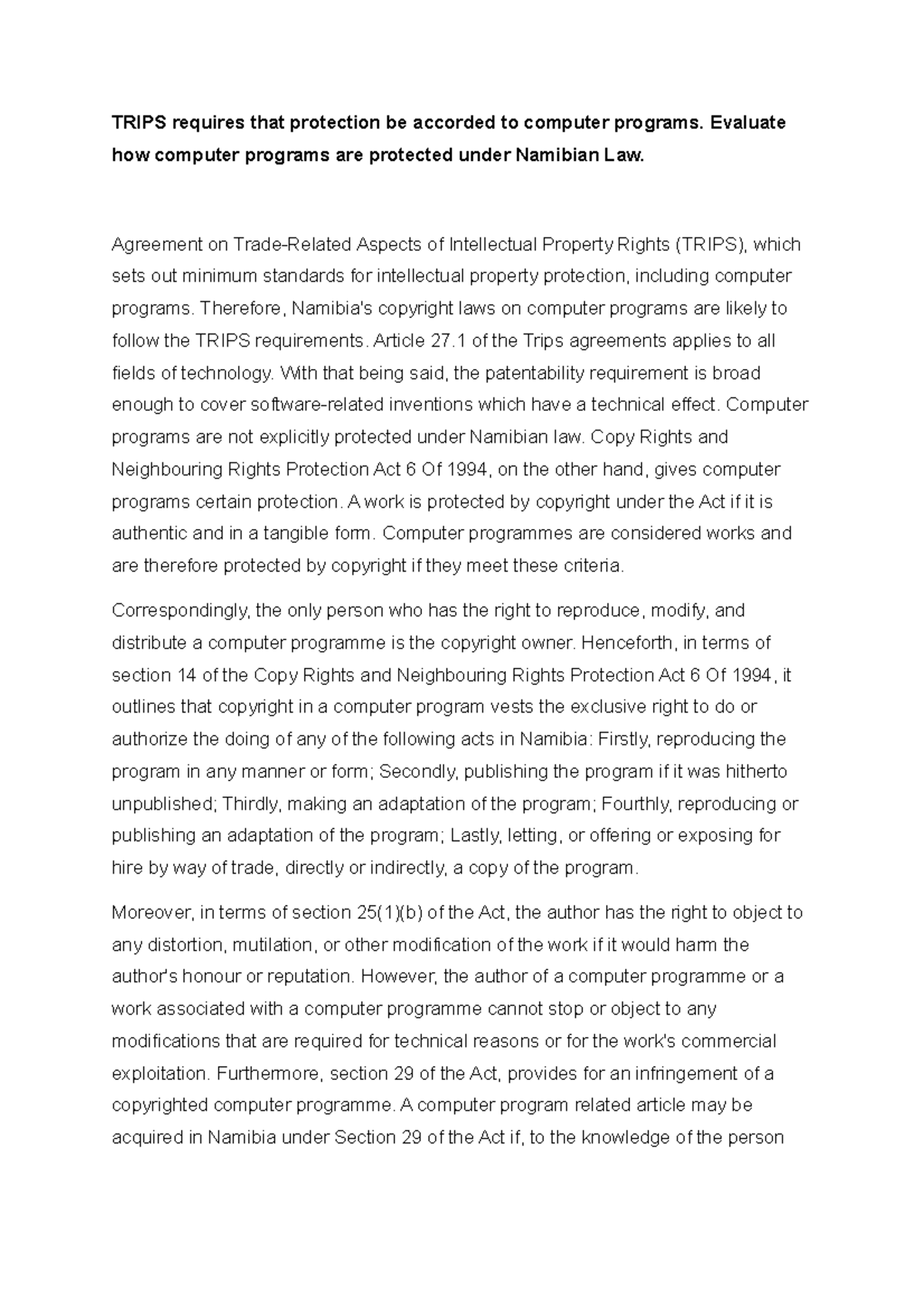 IP TEST PREP Notes - Test prep 3 - TRIPS requires that protection be ...