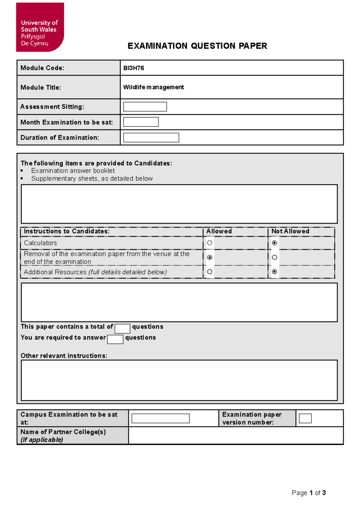 Exam final August 2017, questions - EXAMINATION QUESTION PAPER Module ...