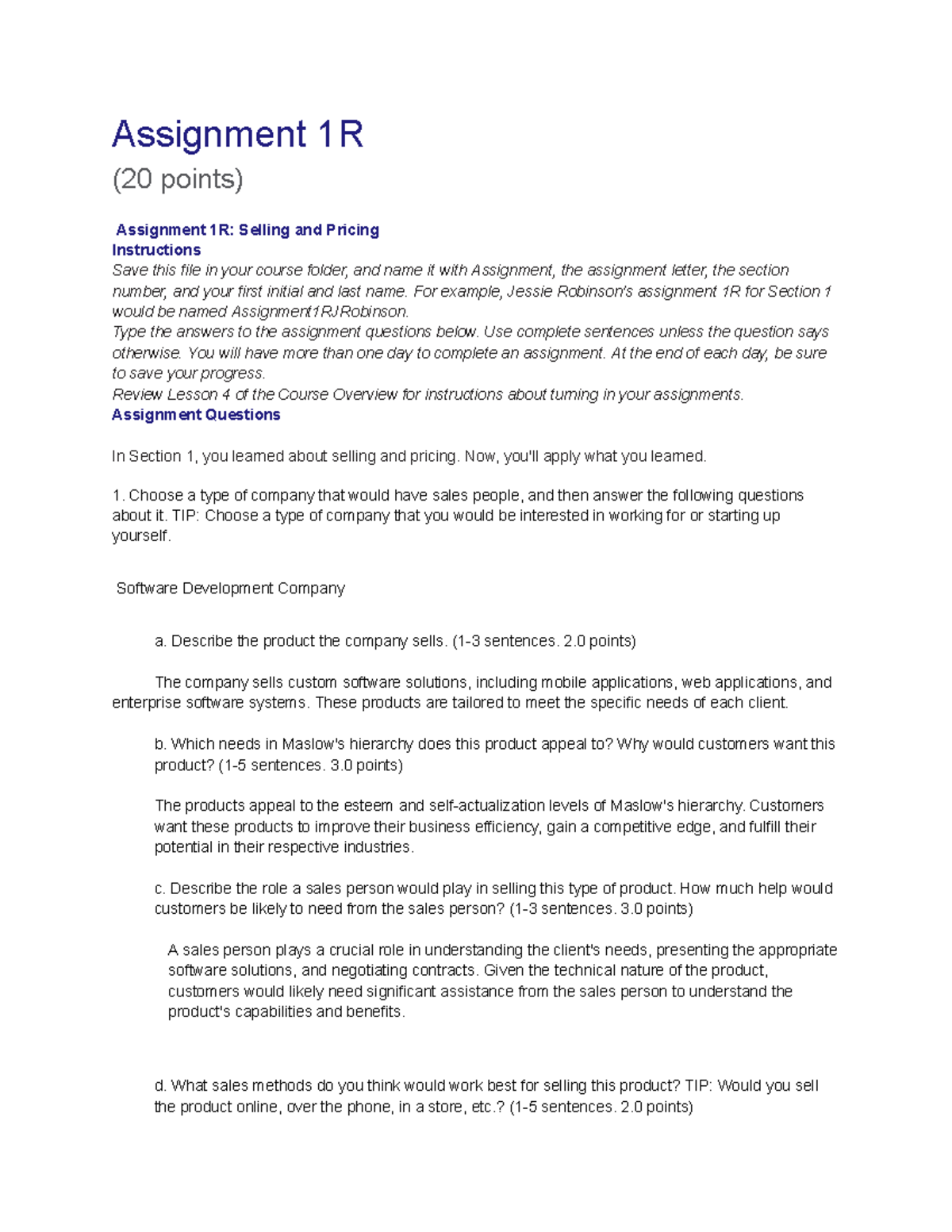 Assignment1R - intro to business - Assignment 1R (20 points) Assignment ...