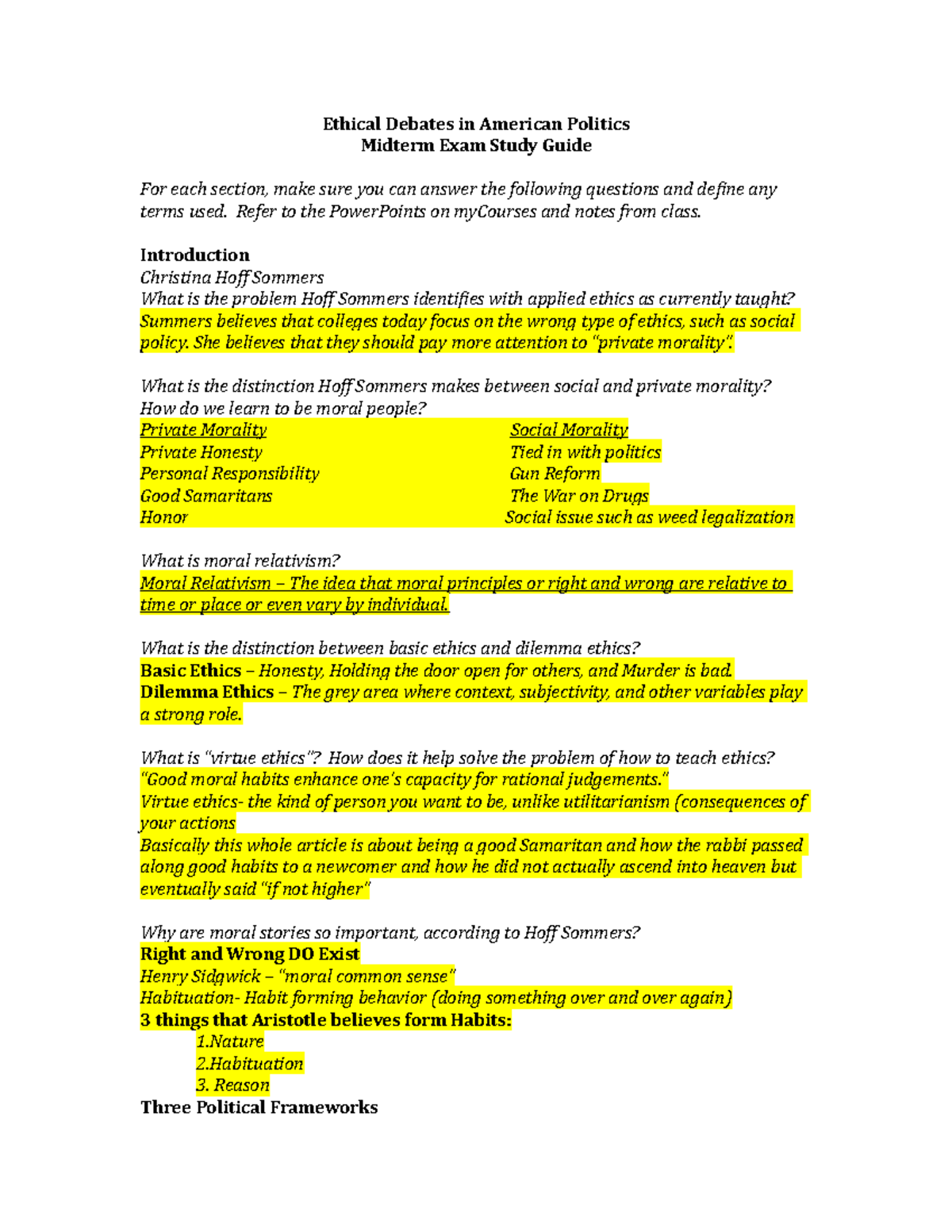 Ethics Midterm Study - Ethical Debates in American Politics Midterm ...