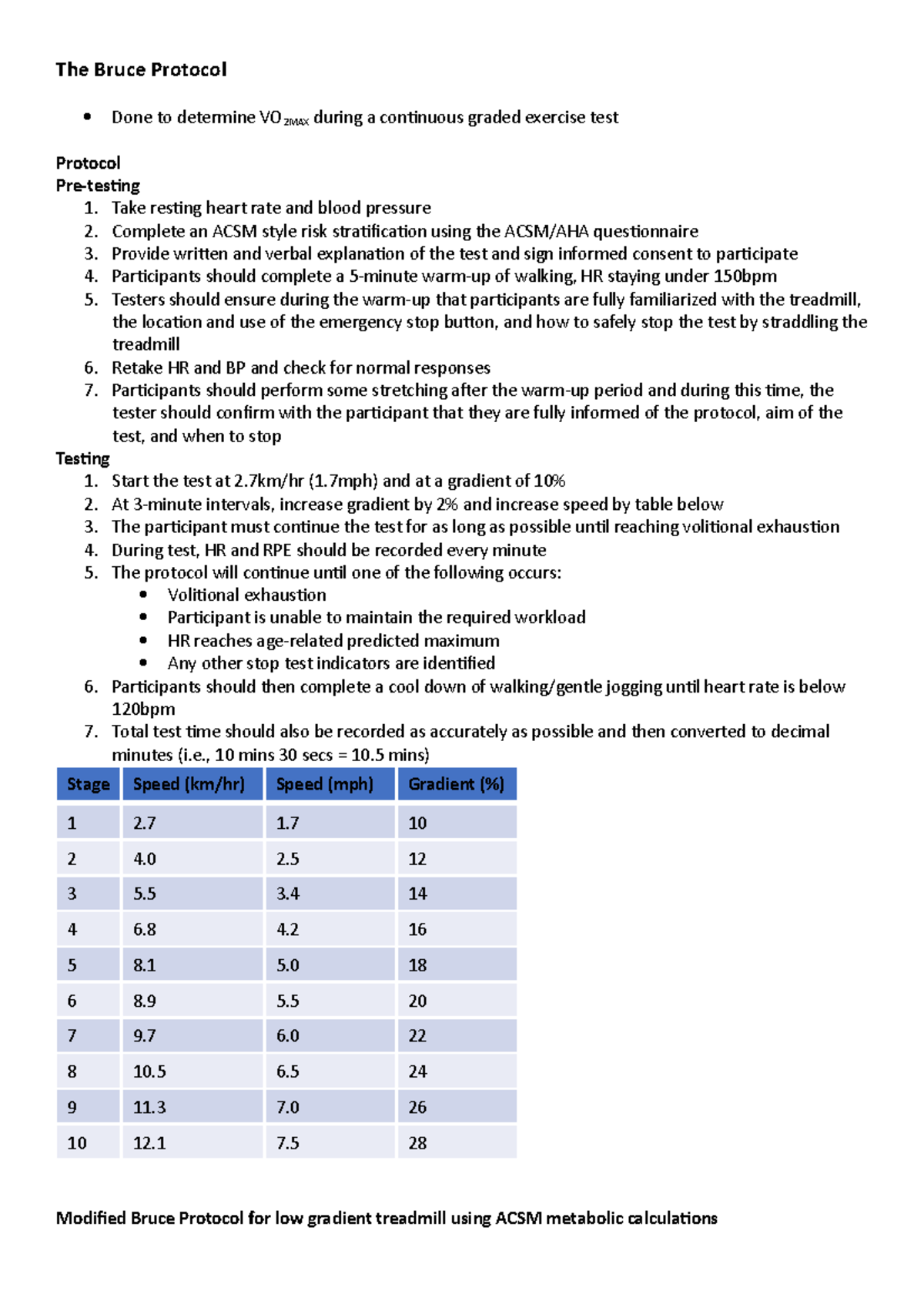 Bruce Protocol for VO2MAX Test - Studocu