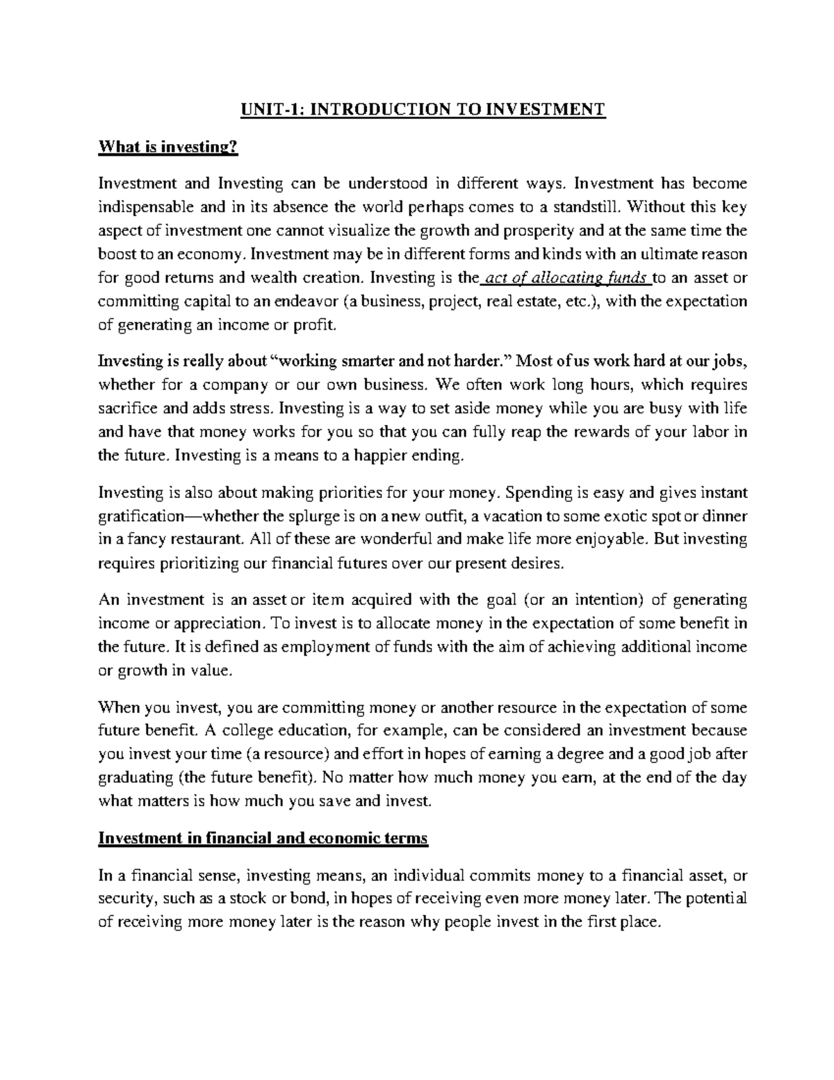 Material - Semester 6 full notes - UNIT-1: INTRODUCTION TO INVESTMENT ...