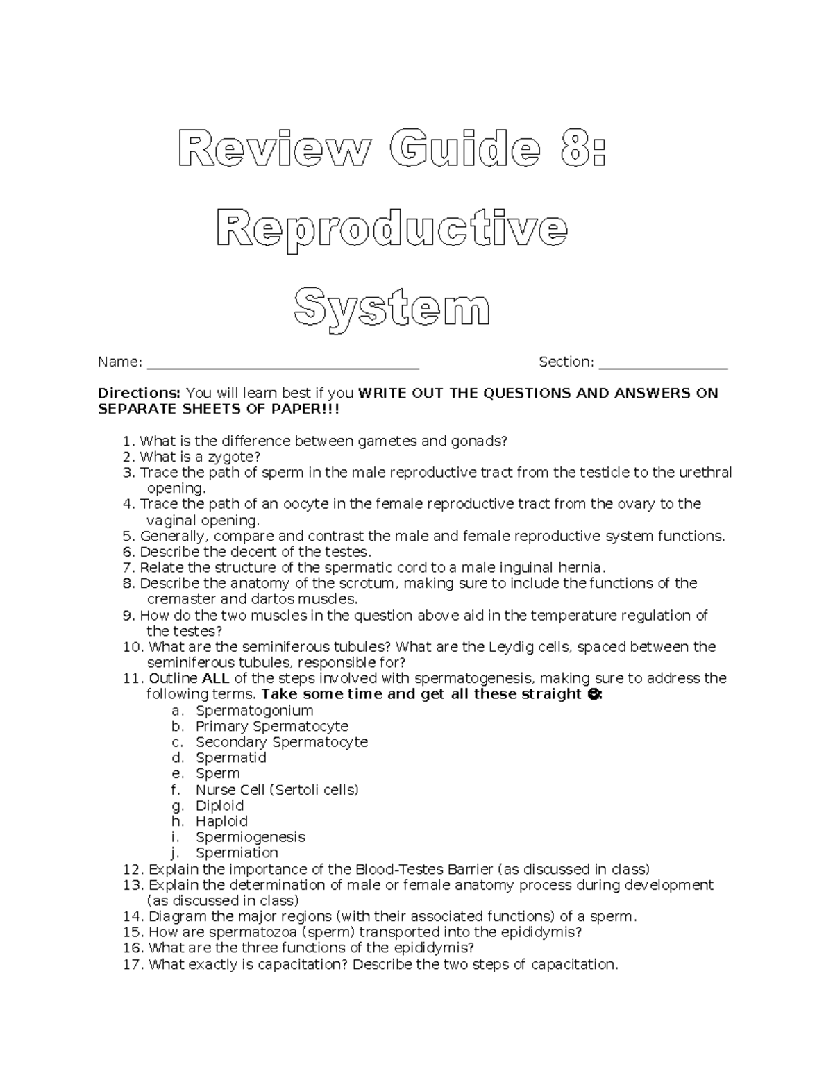 8 Reproductive System Review Guide - Name ...