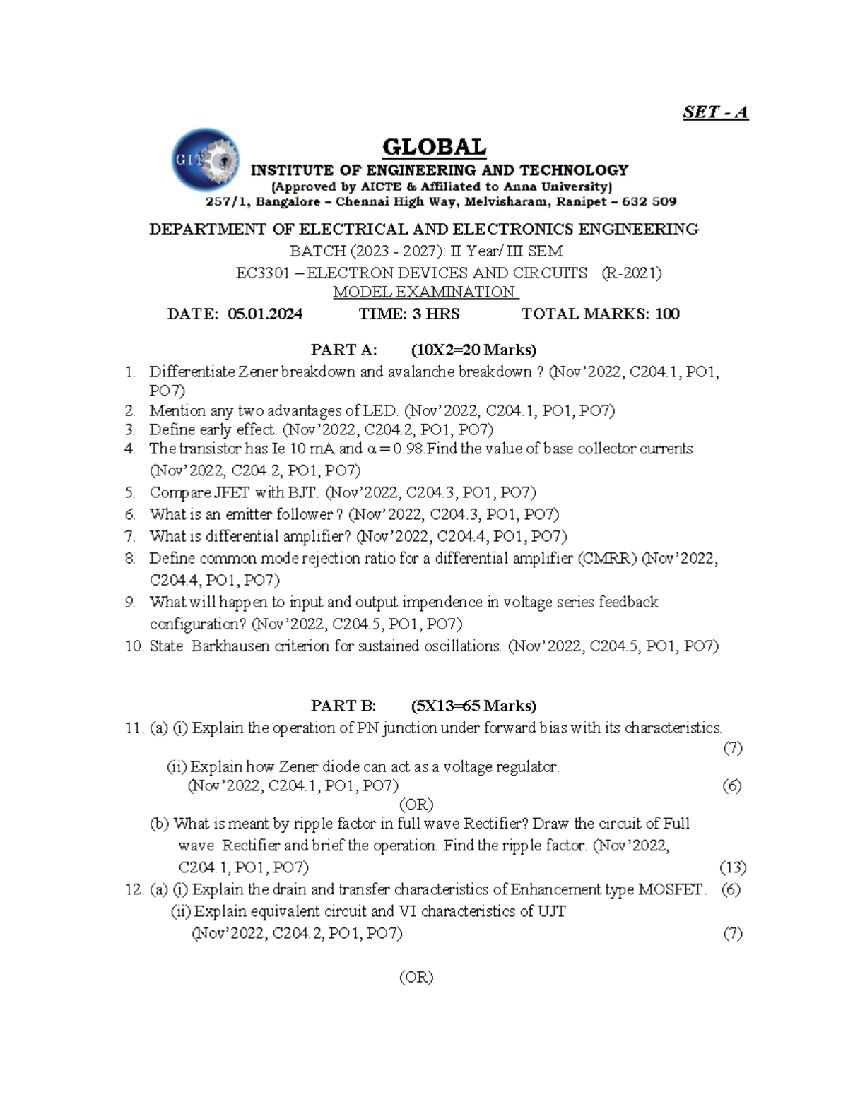 Model exam EDC QP - Edc qp - SET - A DEPARTMENT OF ELECTRICAL AND ELECTRONICS ENGINEERING BATCH ...