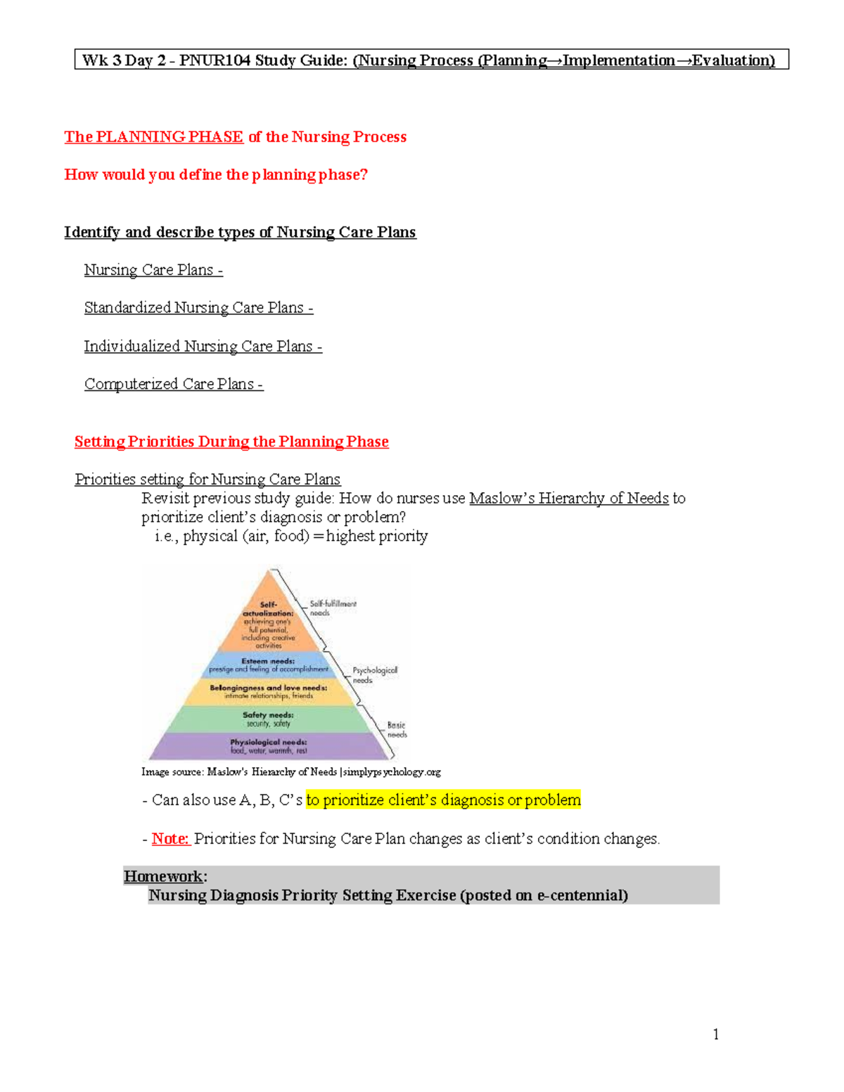 Wk3D2 PNUR104 Study Guide - The PLANNING PHASE of the Nursing Process ...