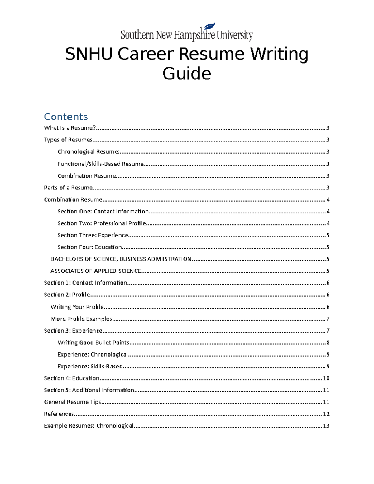 SNHU Career Resume Writing Guide - SNHU Career Resume Writing Guide ...