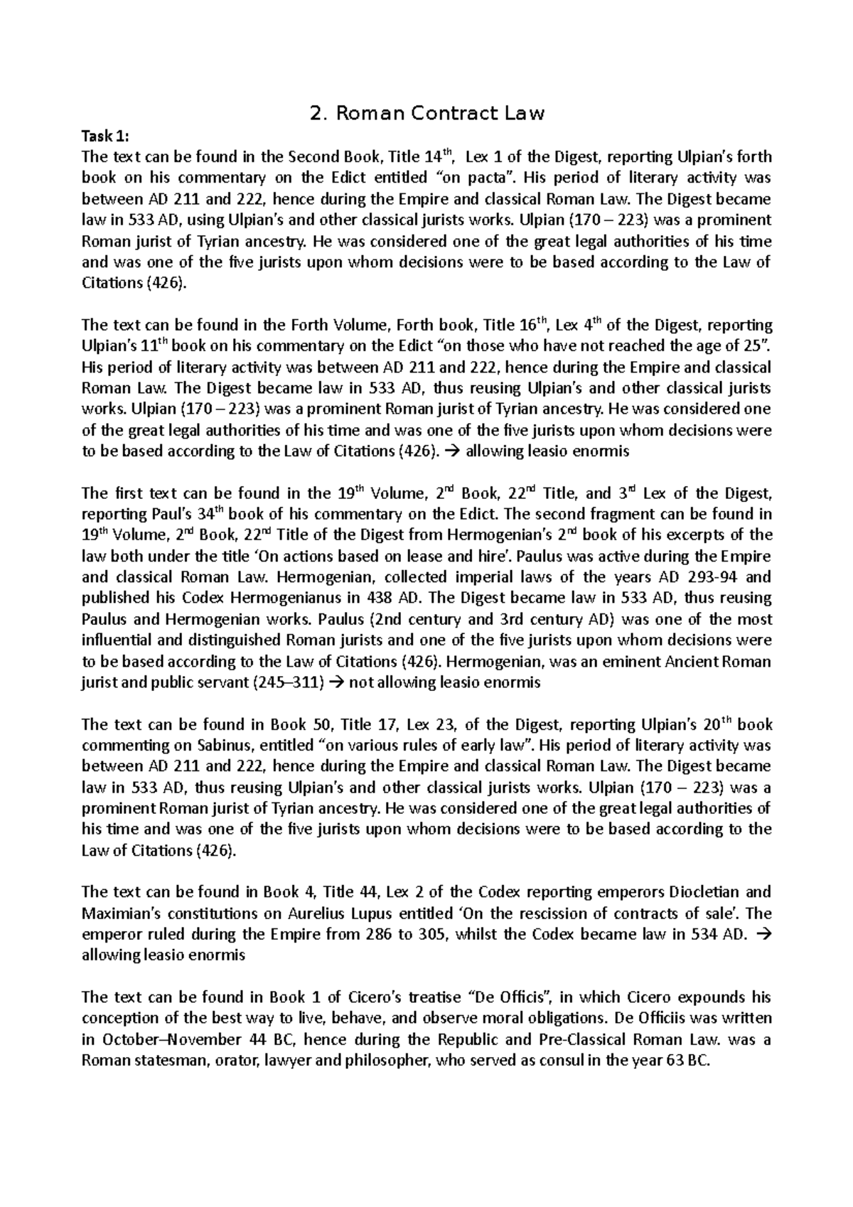Tutorial 2 - Roman Contract Law - 2. Roman Contract Law Task 1: The ...