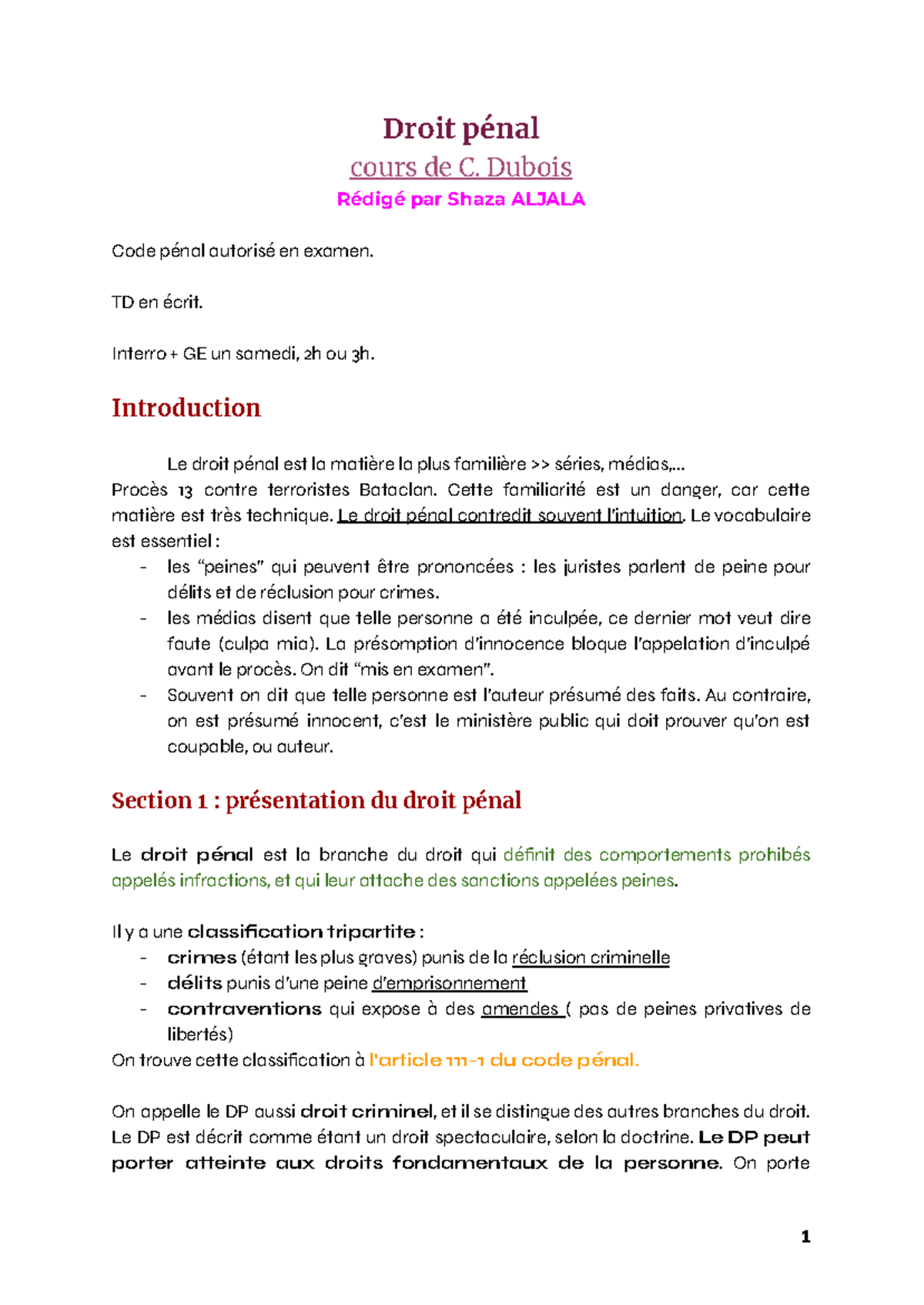 [ Cours] Droit pénal - Droit pénal cours de C. Dubois Rédigé par Shaza ...