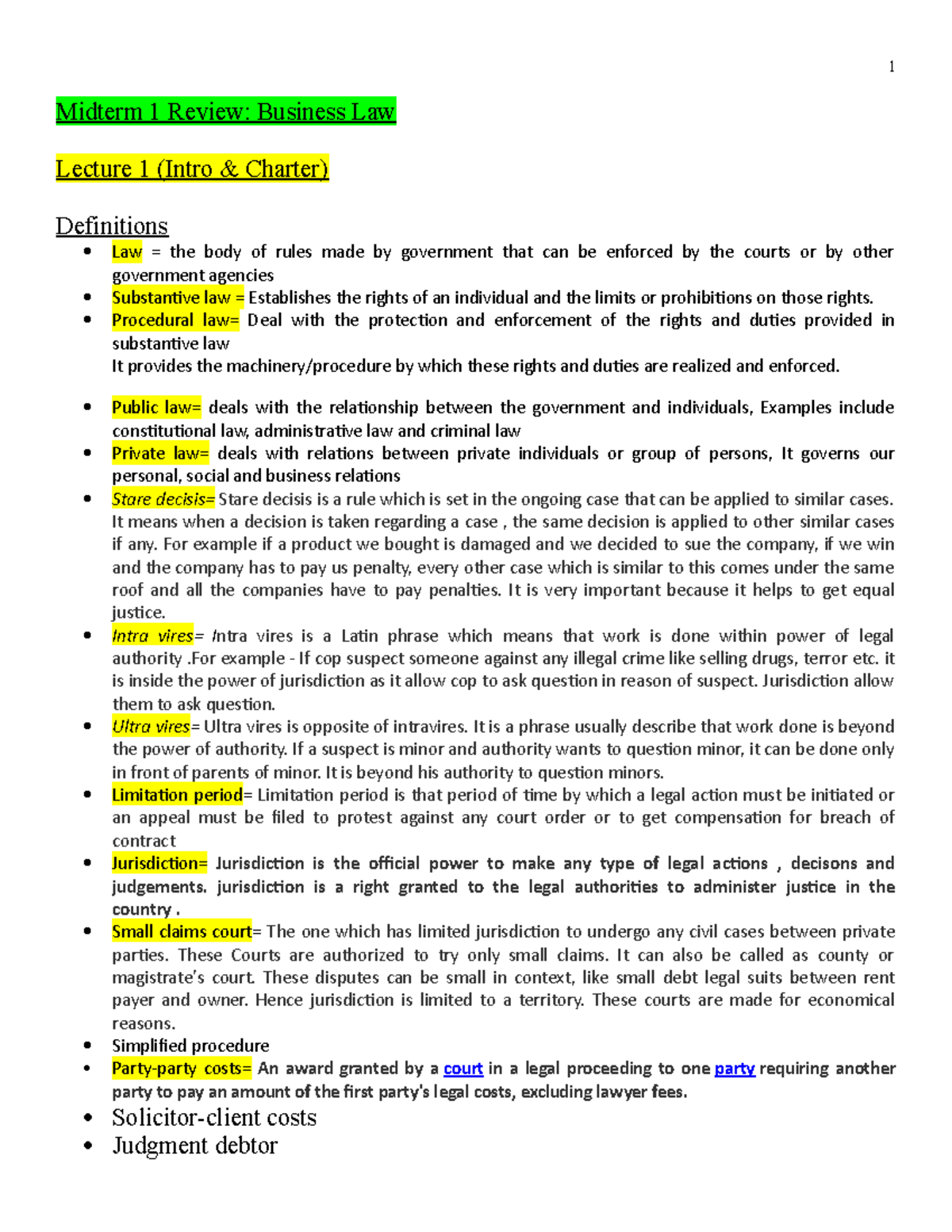 Midterm 1 Review.Business Law - Midterm 1 Review: Business Law Lecture 1 (Intro & Charter) - Studocu