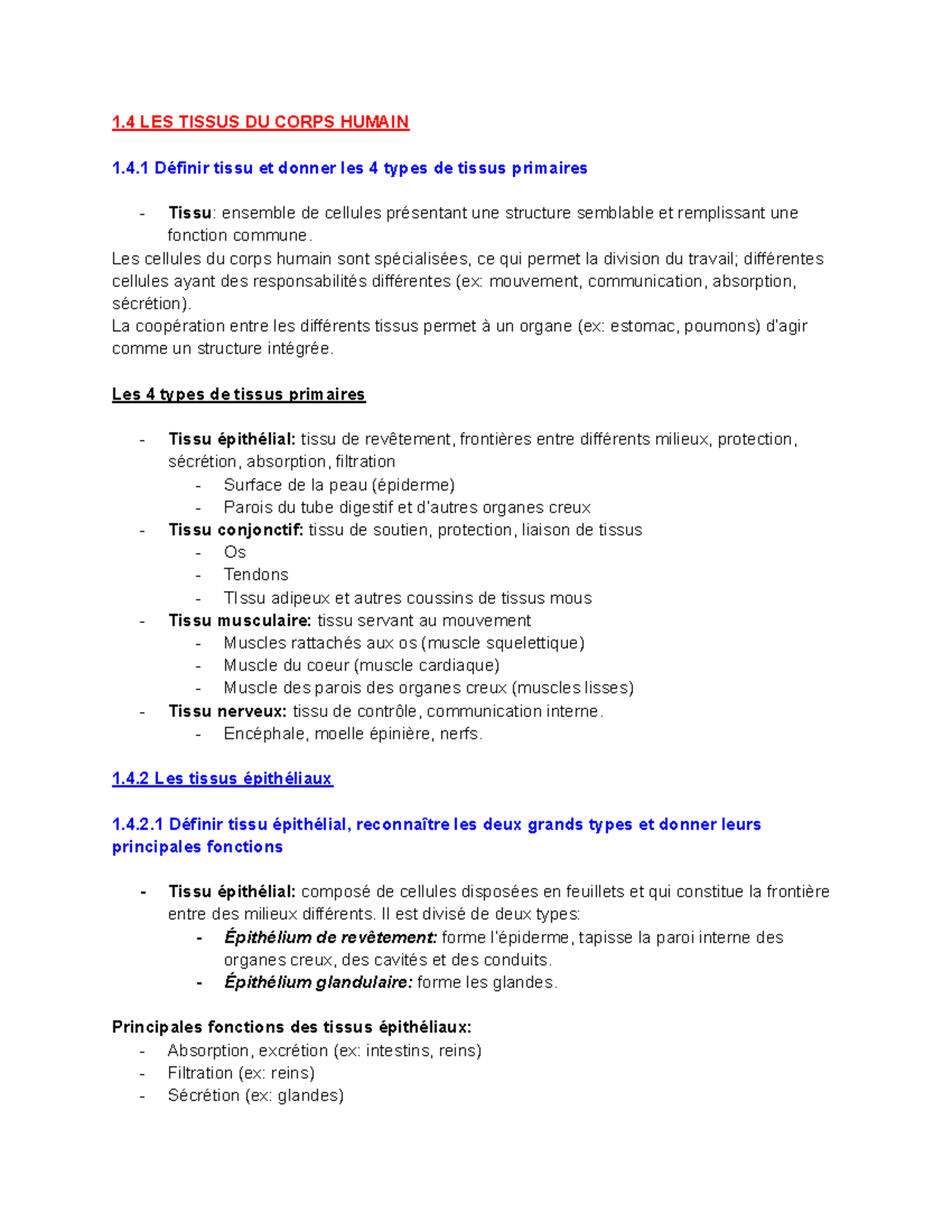 ANP 1501 - Anatomie humaine et physiologie (Note) - 1 LES TISSUS DU ...