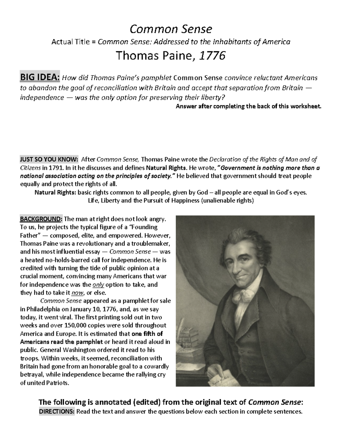 Common Sense Reading and Questions PDF - Common Sense Actual Title ...