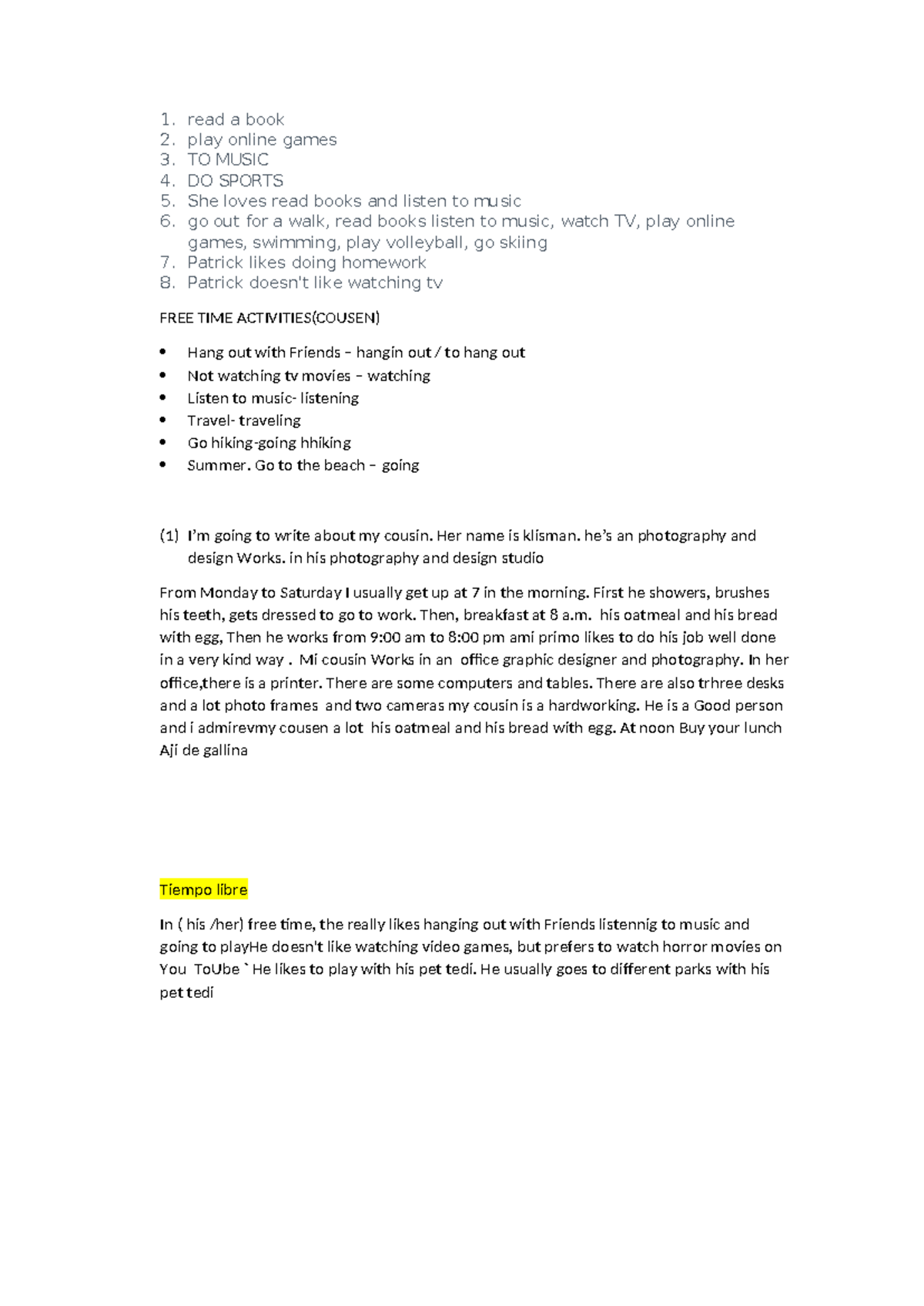 AA3 Ingles 2 - imforme bien echo - read a book play online games TO MUSIC DO SPORTS She loves ...