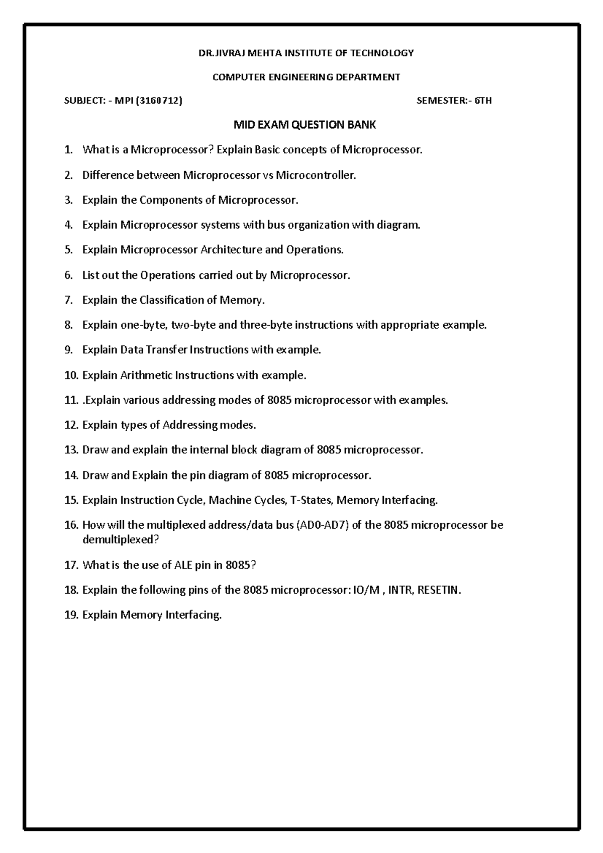 Mpi mid exam question - FOR STUDY - DR MEHTA INSTITUTE OF TECHNOLOGY ...