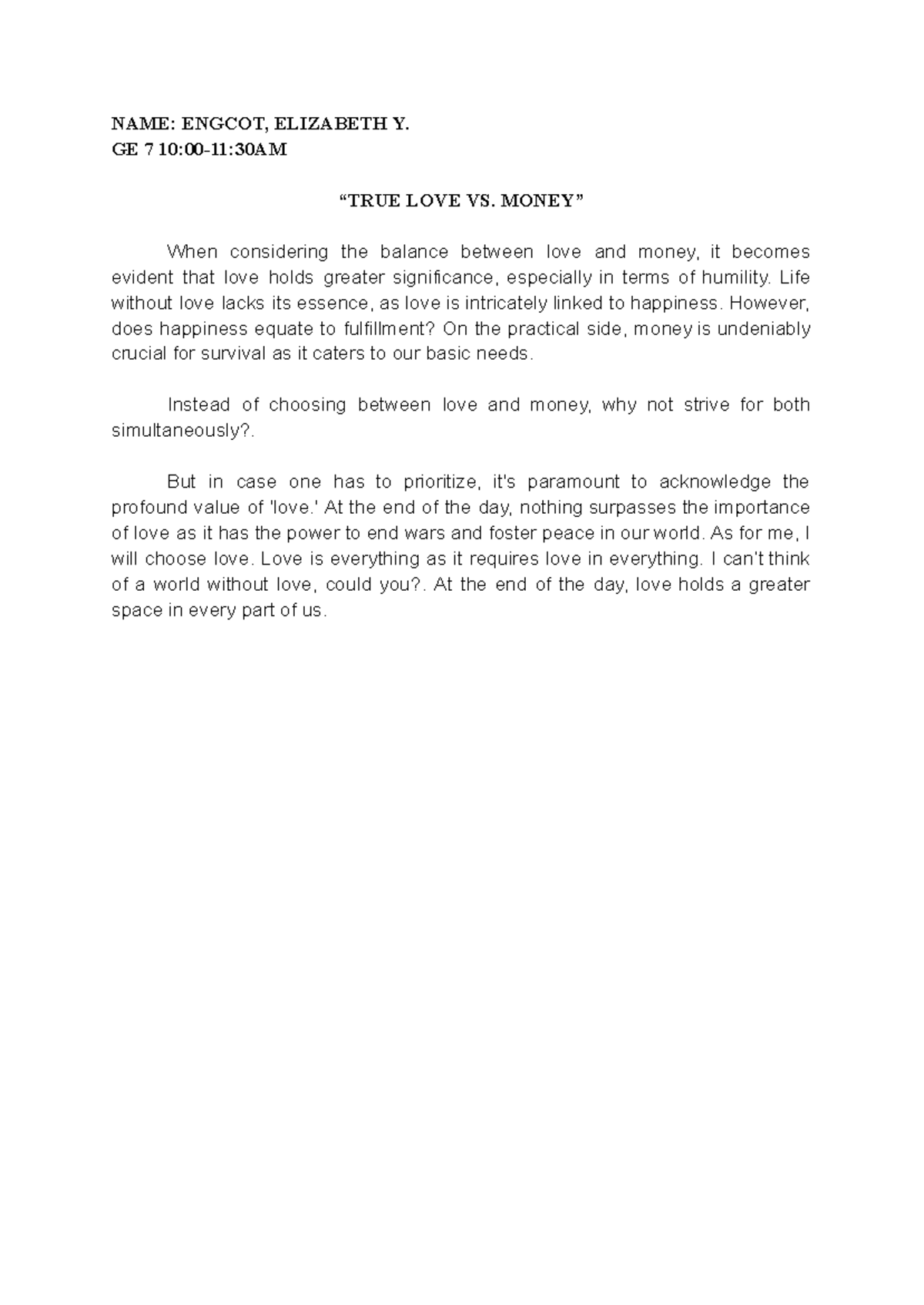True love - NAME: ENGCOT, ELIZABETH Y. GE 7 10:00-11:30AM “TRUE LOVE VS ...