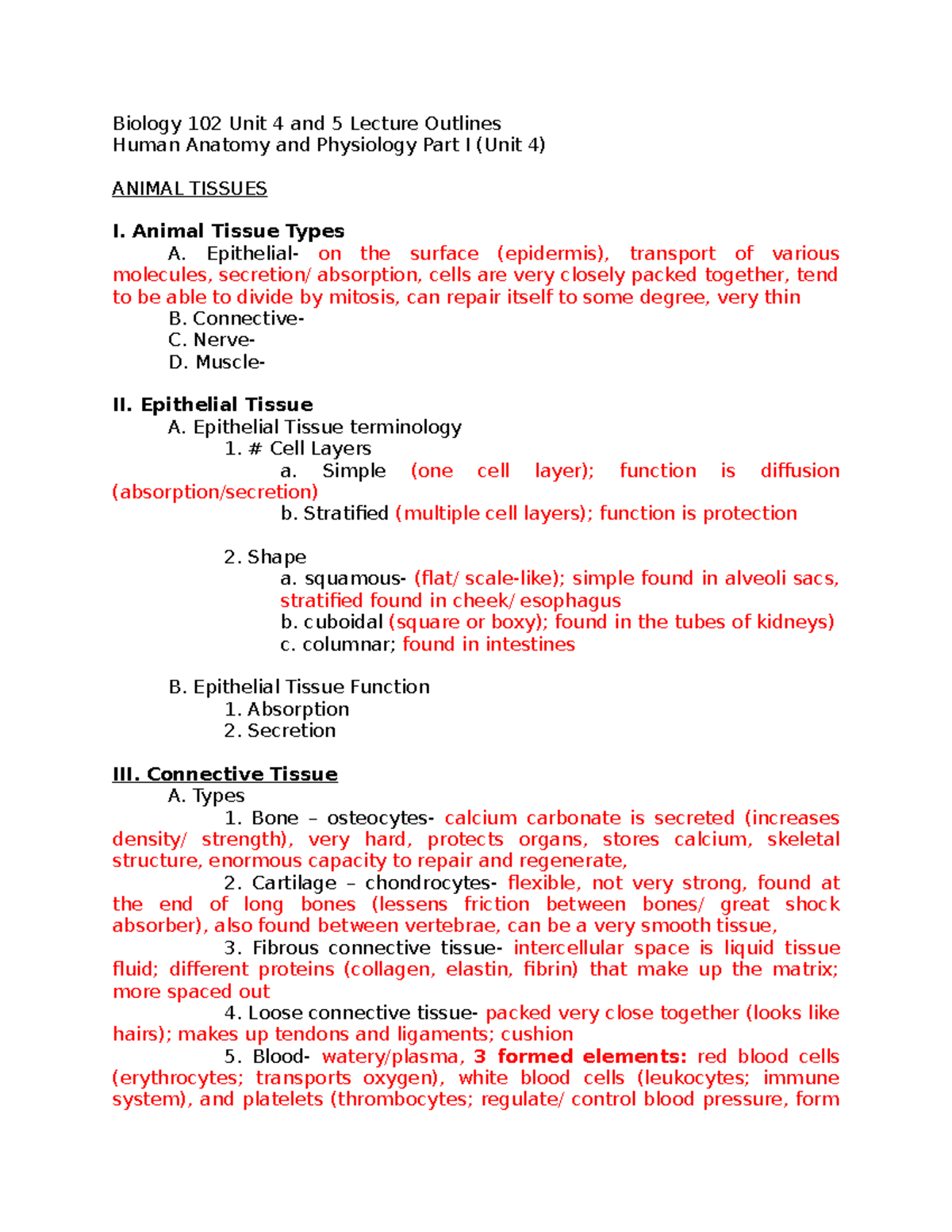 Biology 102 Unit 4 - Biology 102 Unit 4 and 5 Lecture Outlines Human ...