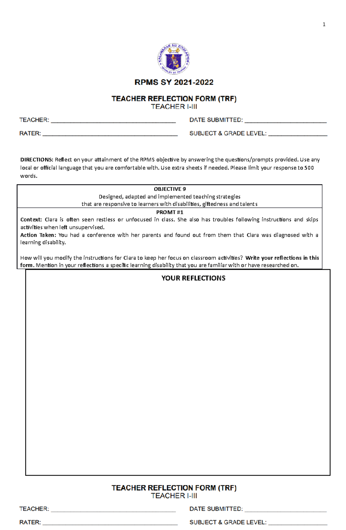 RPMS-SY-2021 2022 Teacher- Reflection-FORM TRF - DIRECTIONS: Reflect on ...