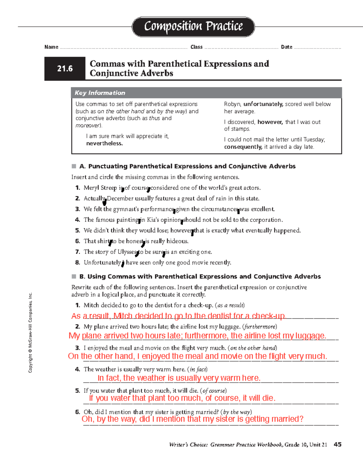Parenthetical Expressions - Writer’s Choice: Grammar Practice Workbook ...