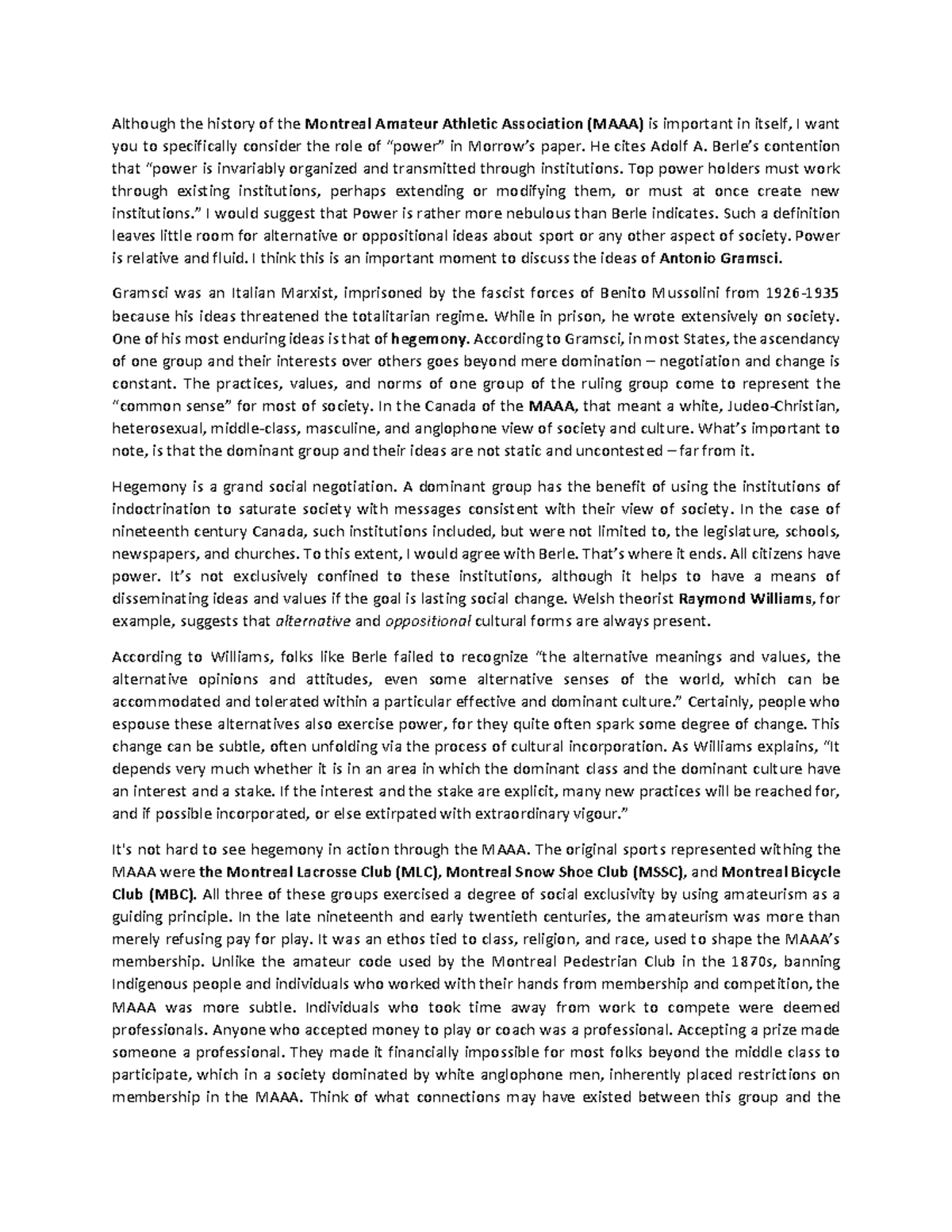 MAAA and Hegemony 1 - sport history mac ross - Although the history of ...