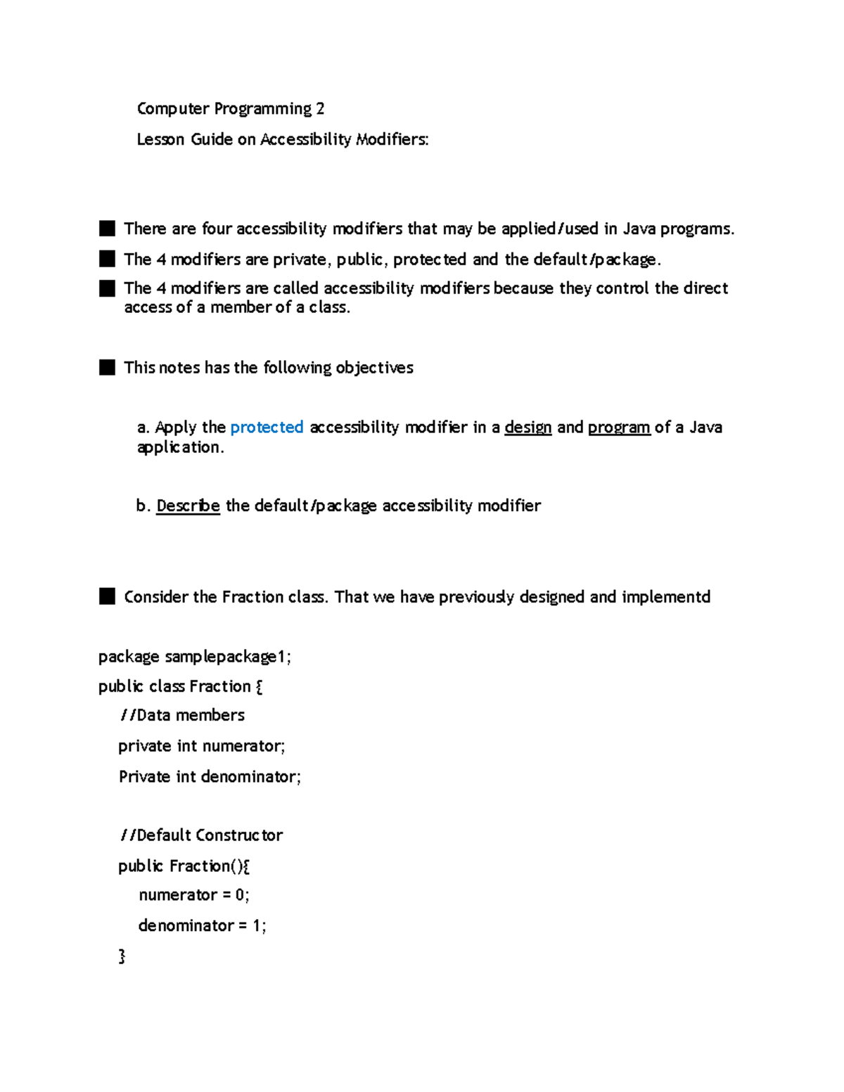 On Java Accessibility Modifiers Computer Programming 2 Lesson Guide 3801