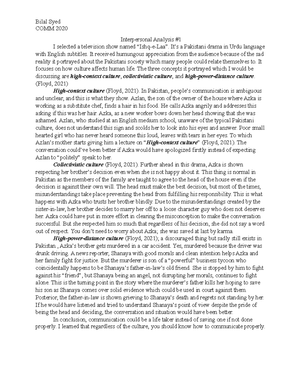 Assignment 1 COMM 2020 Bilal Syed - Bilal Syed COMM 2020 Interpersonal ...