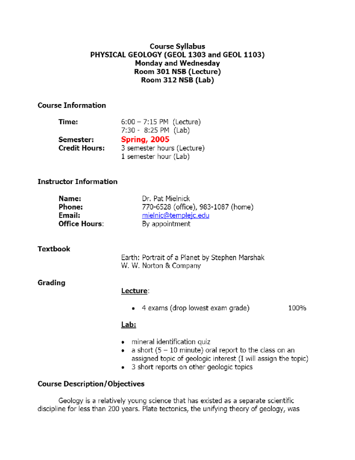 Course Syllabus Physical Geology (GEOL 1303 and GEOL 1103) - GLY 101 ...