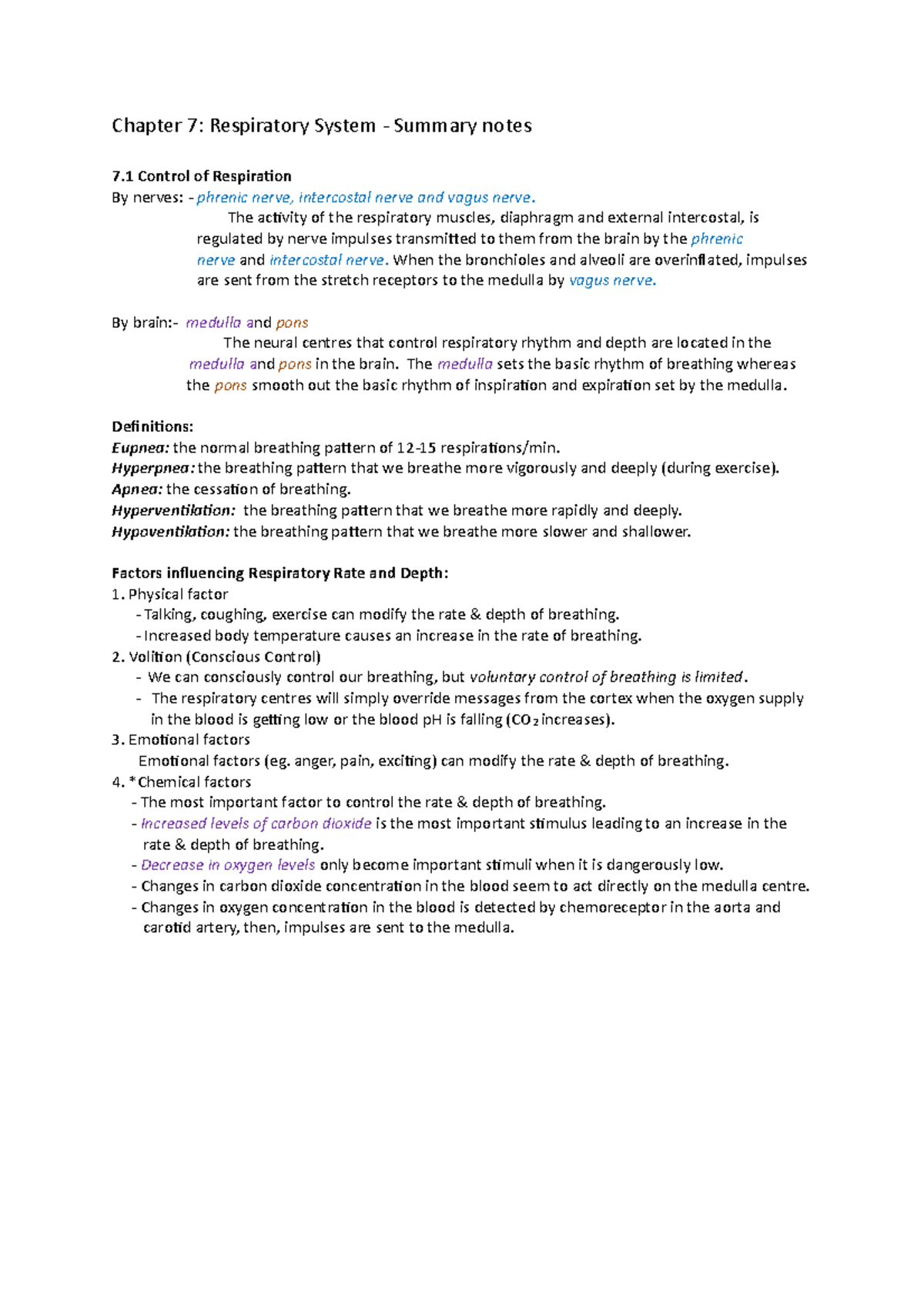 Chapter 7 - Respiratory system - summary notes - The activity of the ...
