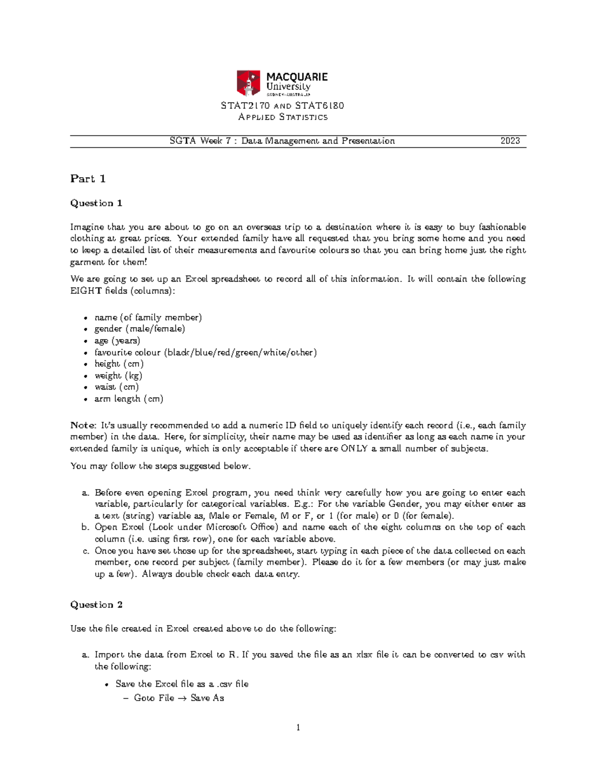 Document - SGTA - STAT2170 and STAT Applied Statistics SGTA Week 7 : Data Management and - Studocu