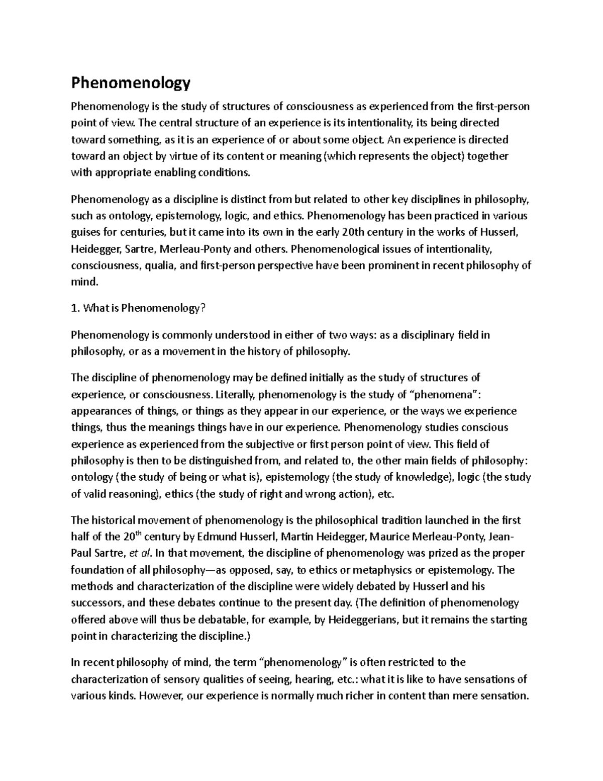 Lecture in Phenomenology - Phenomenology Phenomenology is the study of ...