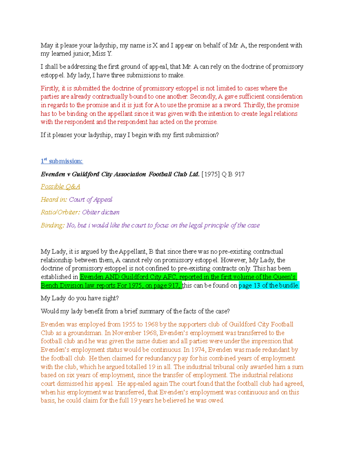 Moot Script for promissory estoppel / contract law - May it please your ...