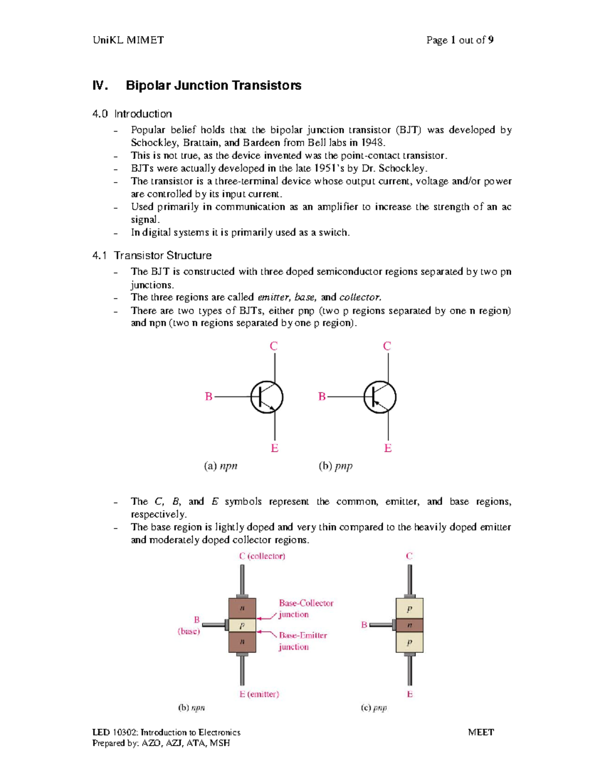 Chp1 BJT notes - ..... - LED 10302: Introduction to Electronics MEET IV ...