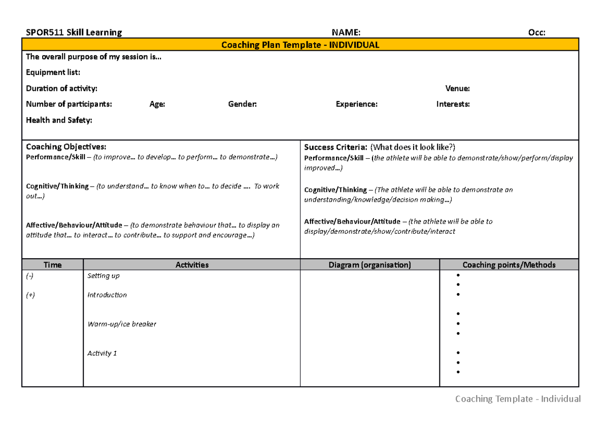 SPOR511 Coaching Plan Template - Individual-2 - SPOR511 Skill Learning ...