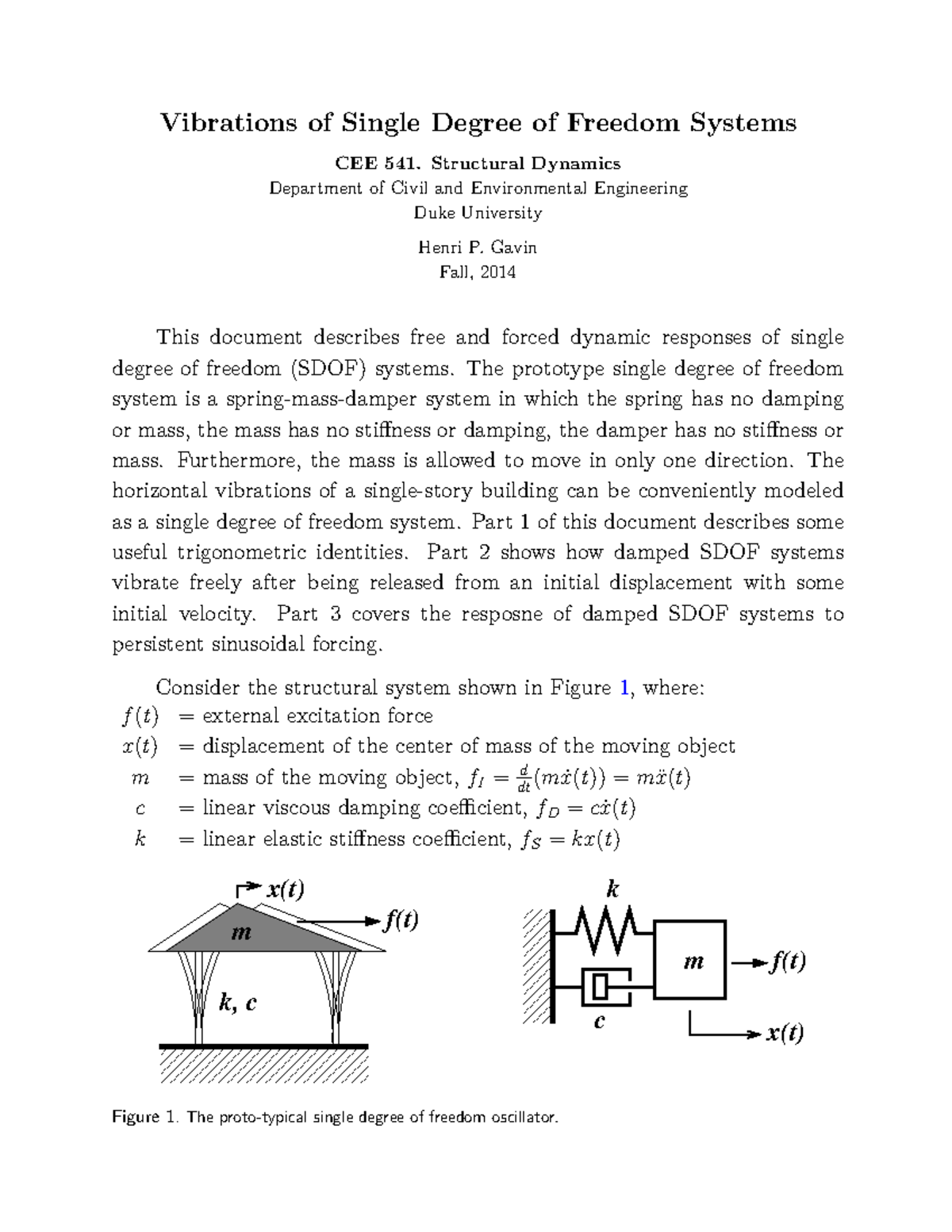 Lecture Notes, Vibrations of Single Degree of Freedom Systems ...