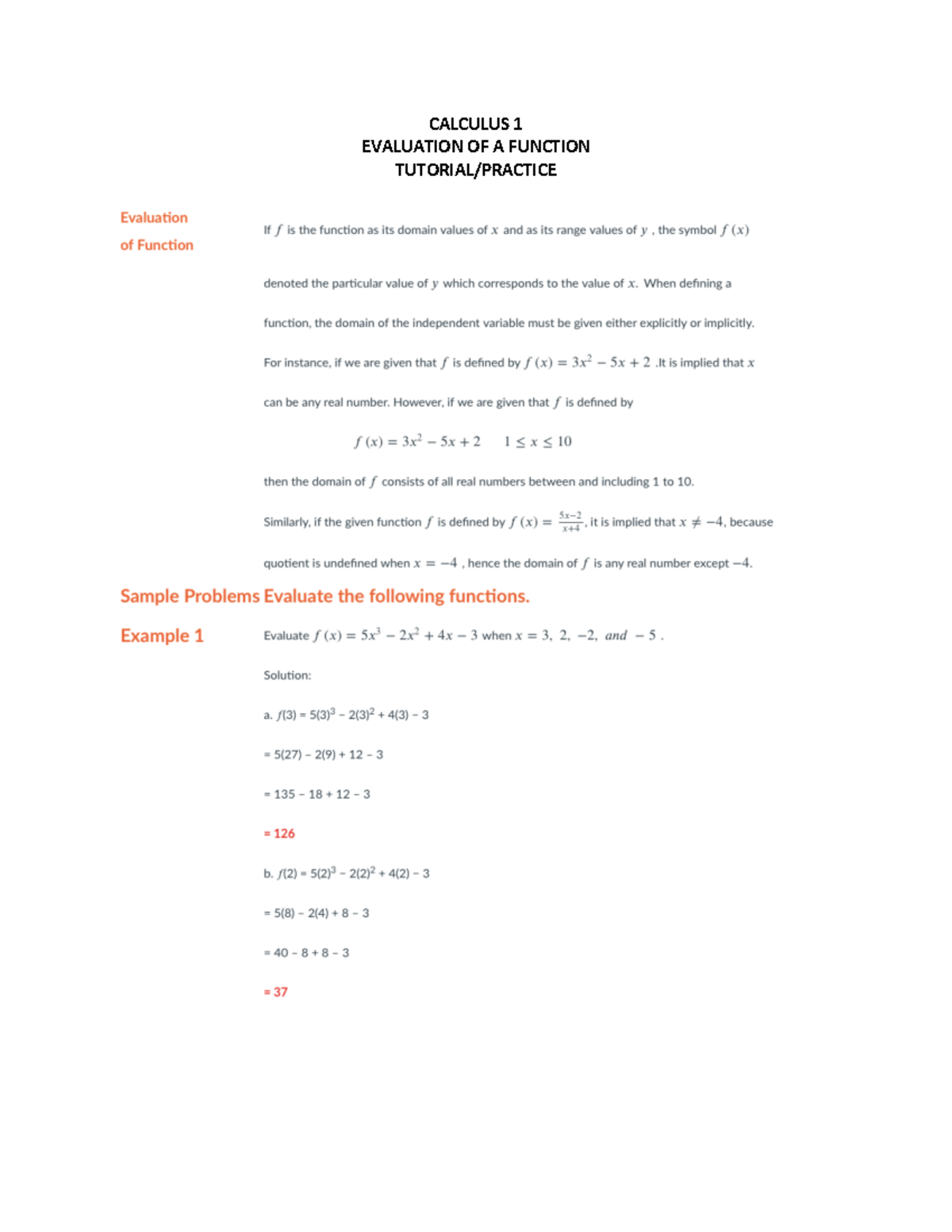 Calculus 1 (Evaluation OF A Function) - Calculus 1 - CALCULUS 1 ...