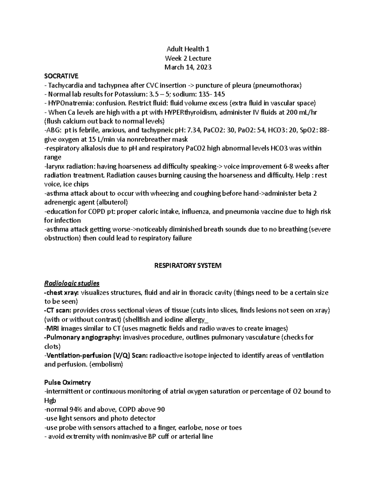 Week 2 Lecture - Week 2 - Adult Health 1 Week 2 Lecture March 14, 2023 SOCRATIVE Tachycardia and ...