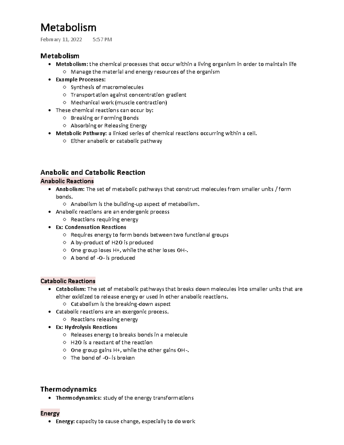 Metabolism - BIO 1140 - Metabolism Metabolism: the chemical processes ...