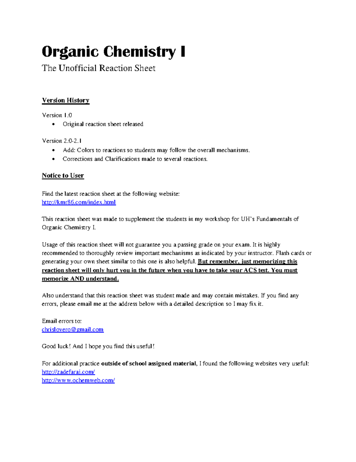 Summary of reactions- first semester - Organic Chemistry I The ...