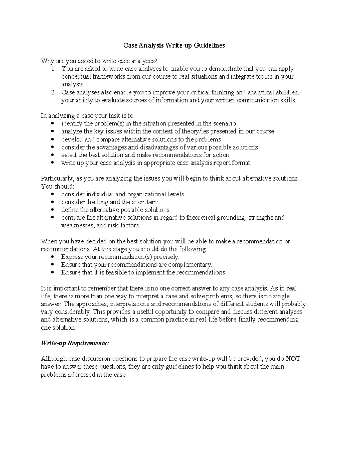 Case Analysis Write-up Guidelines - You are asked to write case ...
