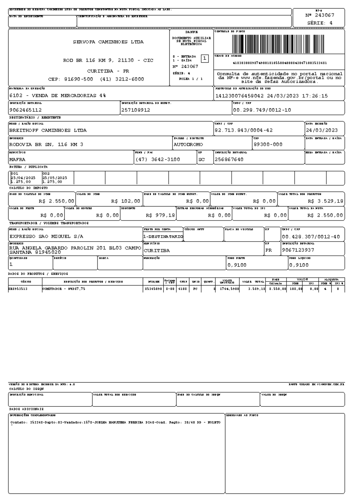 243067 - dsa dsad dsadsa dsasad - NF-e DATA DE RECEBIMENTO ...